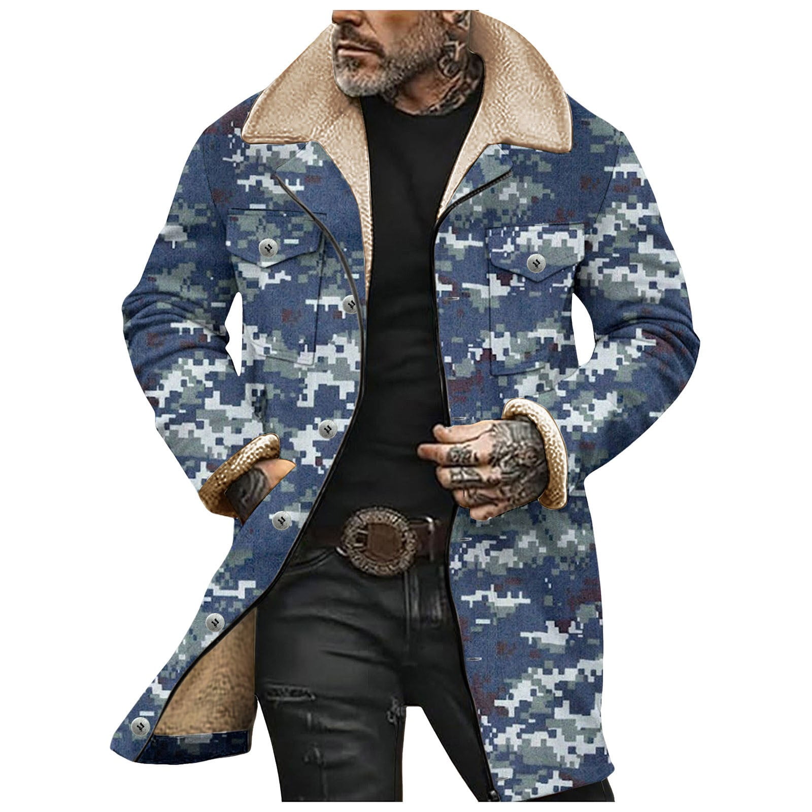 ZTKWD Mens Western Cowboy Jacket Vintage Jacket Long Trench Coats Plush ...