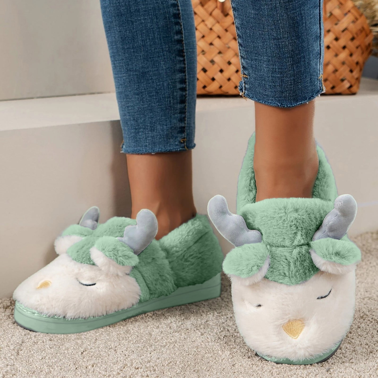 ZTTD Cute Deer Heel Slippers for Women Winter Warm House Slippers Mint ...