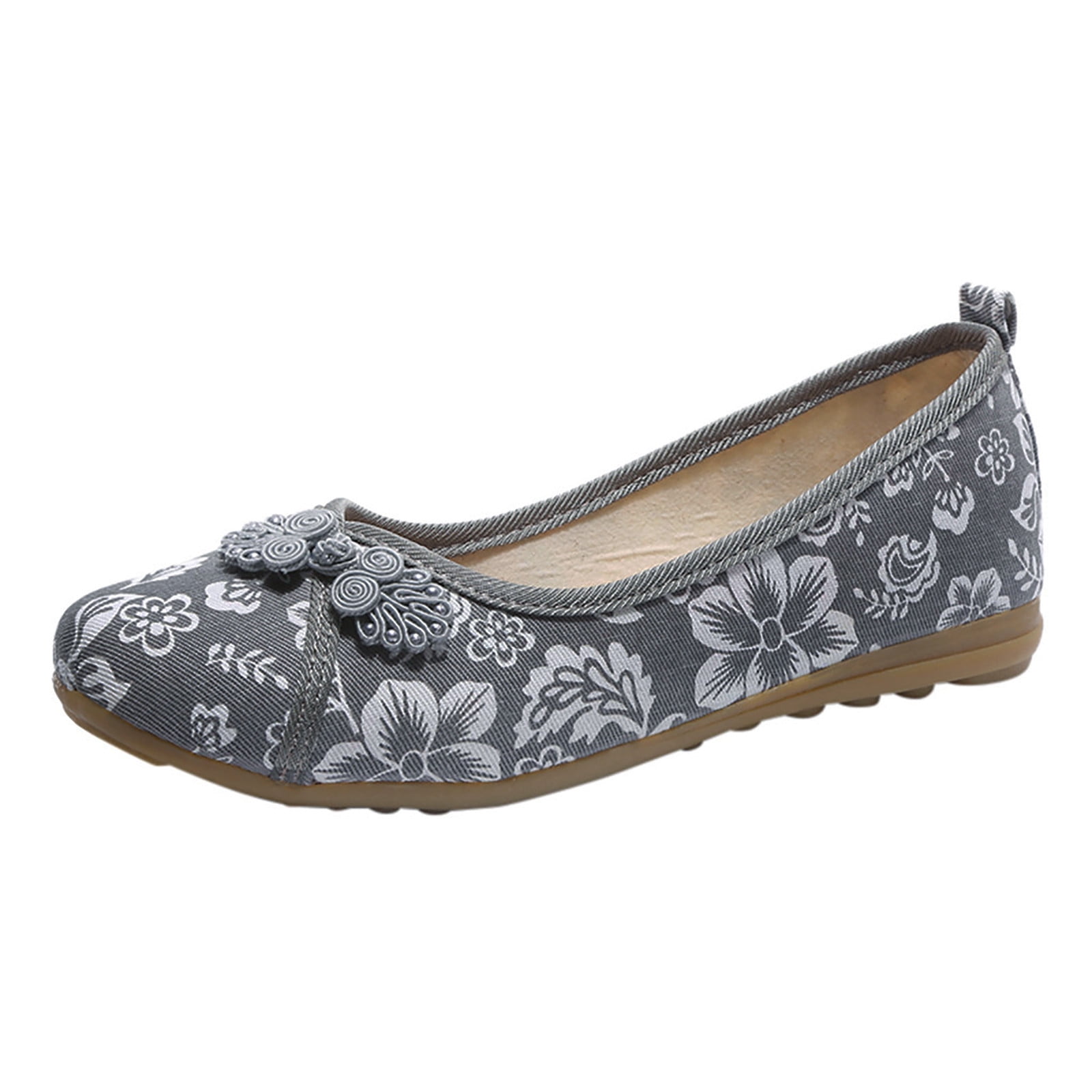 ZTTD Floral Print Button Decor Ballet Flats for Women Slip On Shallow ...