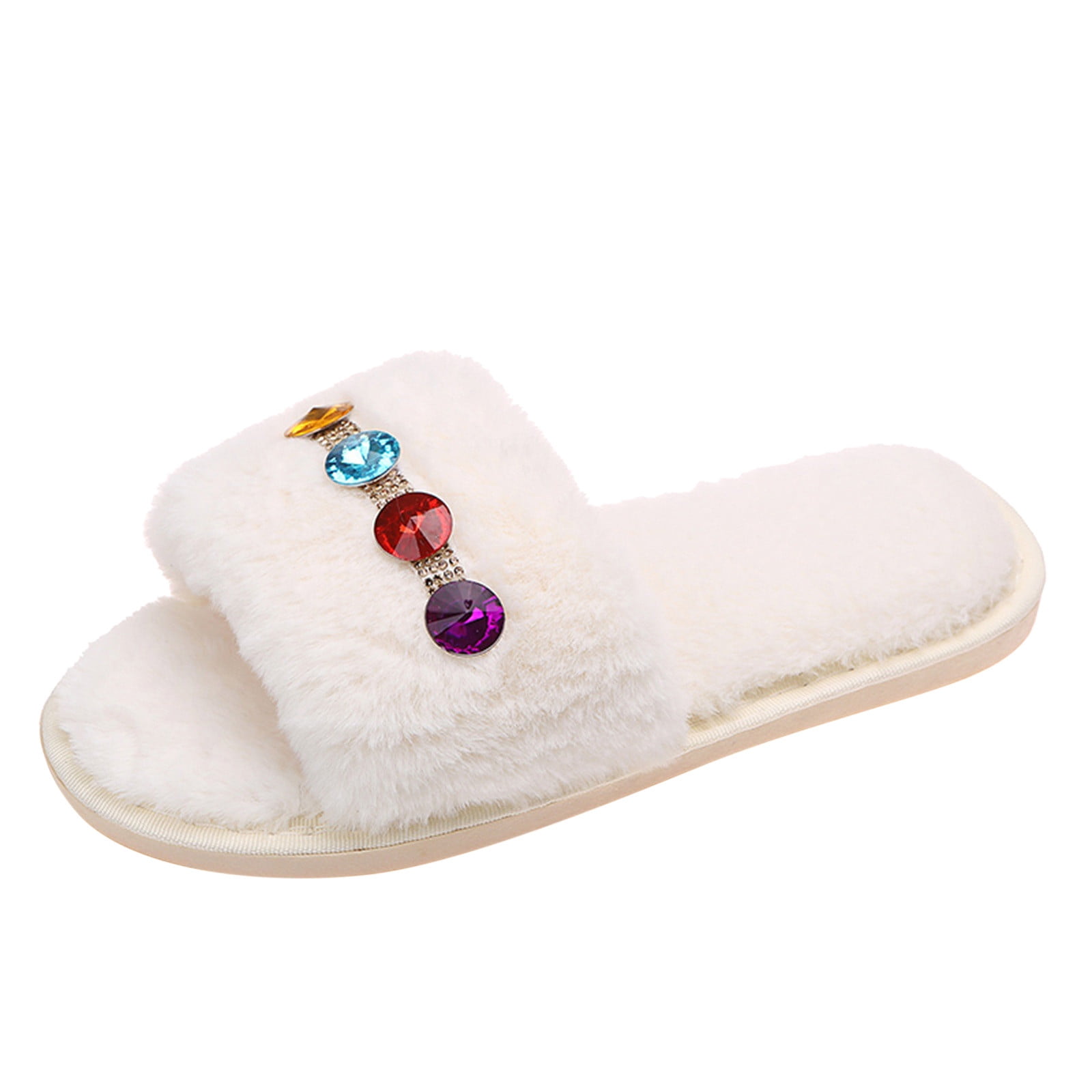 ZTTD Ladies Fashion Colorful Rhinestone Open Toe Comfort Flat Plush ...
