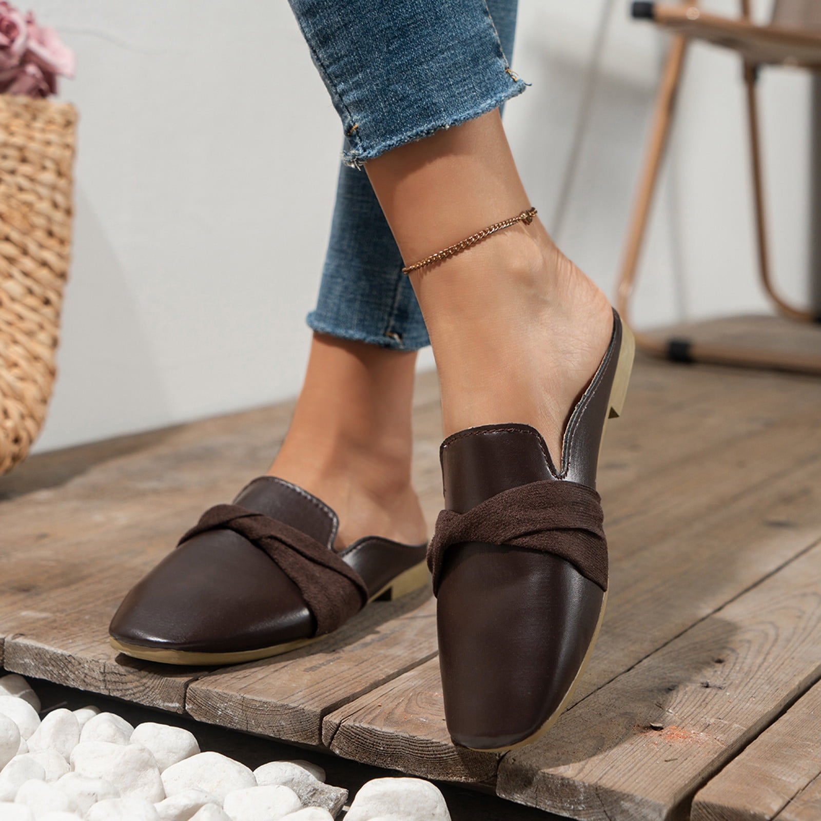 ZTTD Ladies Fashion Solid Color Leather Round Head Half Slippers Flat ...