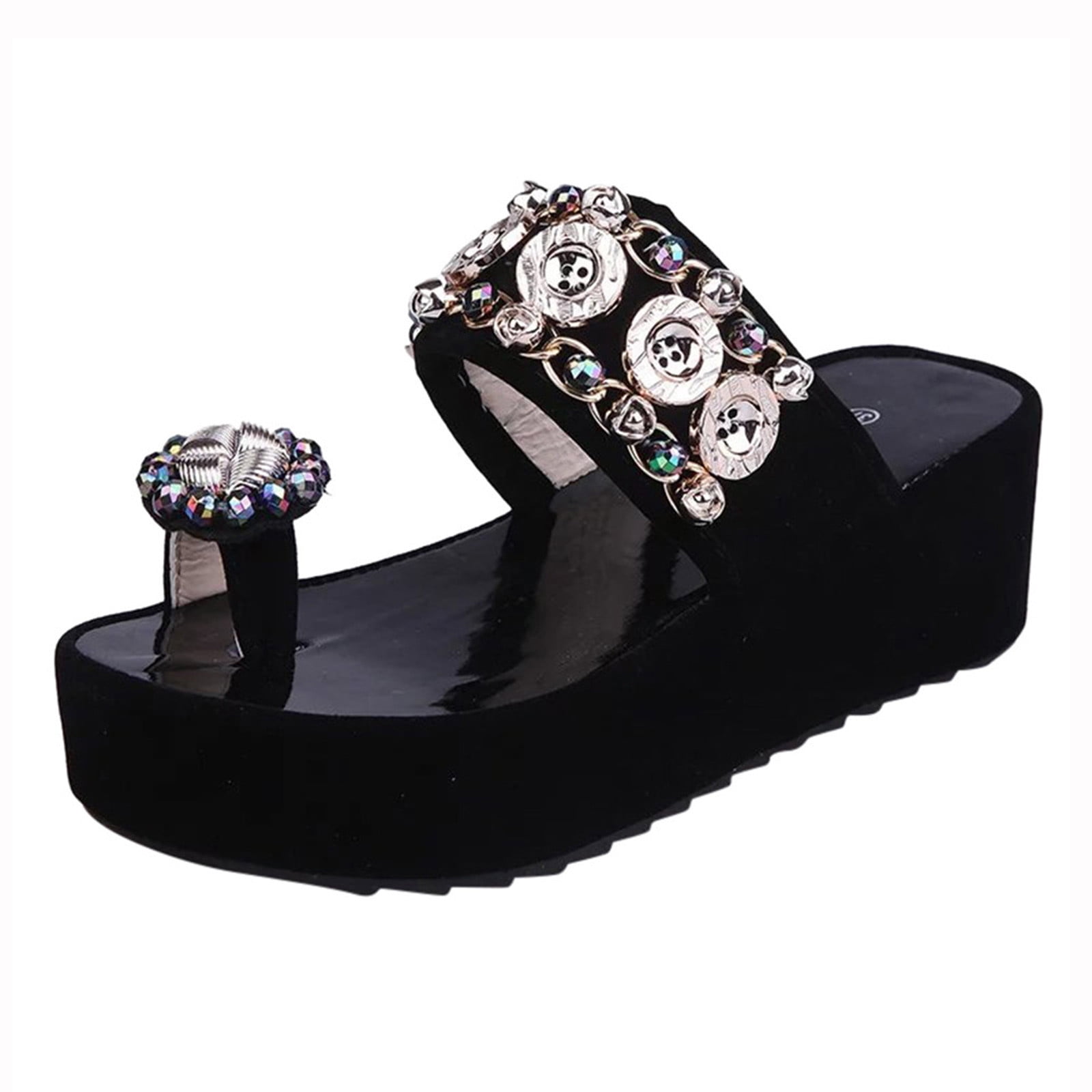 ZTTD Women's Thick Bottom Beading Button Toe Ring Slippers Platform ...