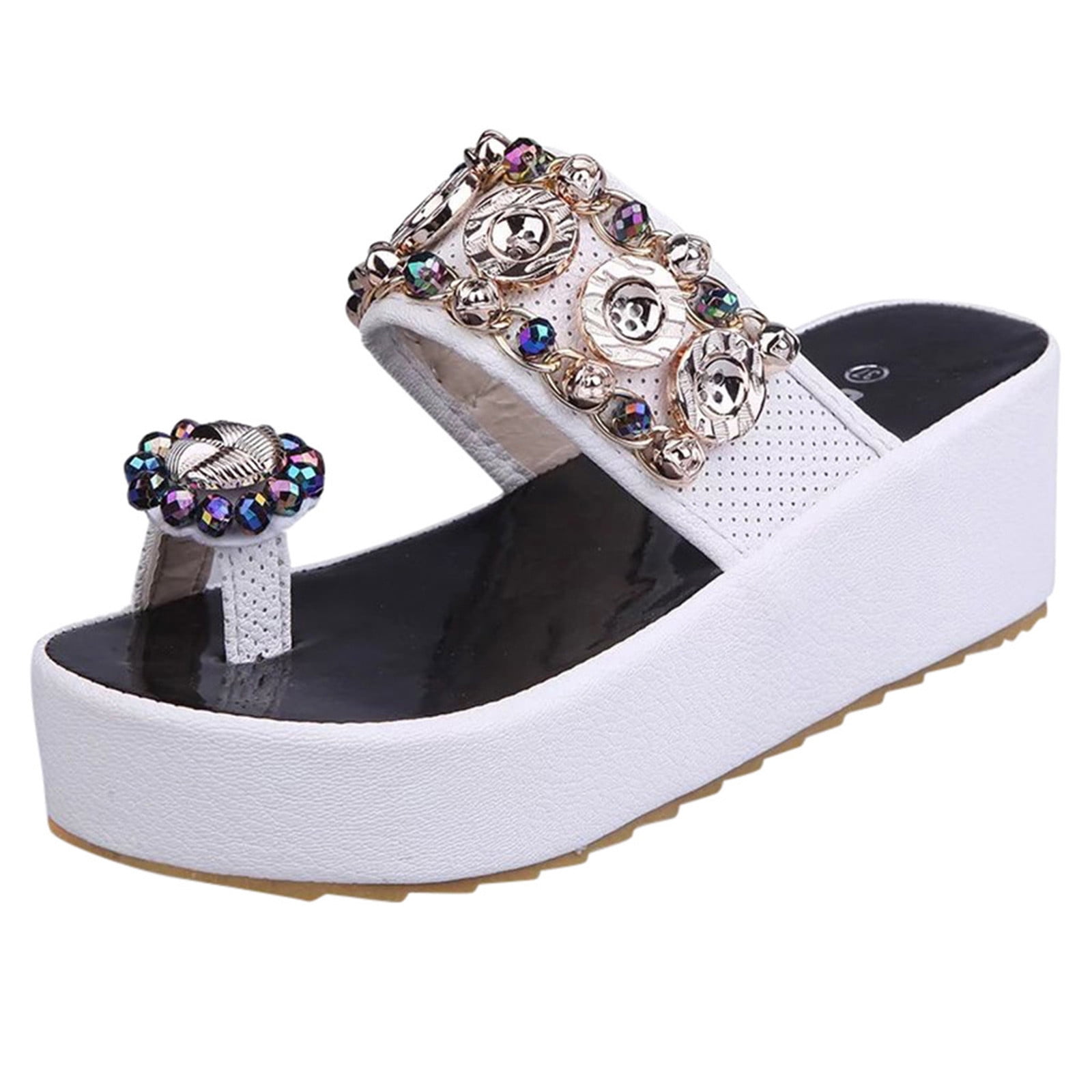 ZTTD Women's Thick Bottom Beading Button Toe Ring Slippers Platform ...