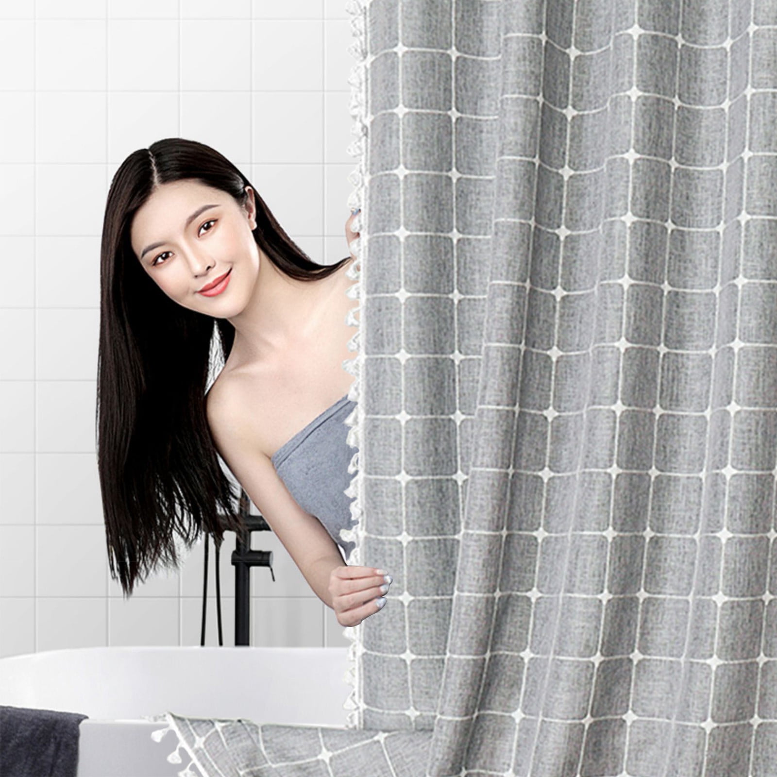 ZToonmas Boho Farmhouse Shower Curtain, Geometric Grid Cotton Linen ...