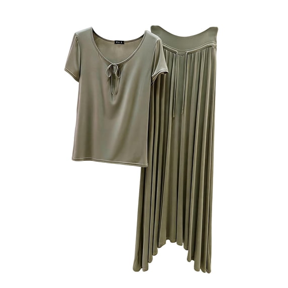 ZToonmas Women's 2-Piece Casual Outfit Short Sleeve Tie Neck Top and ...