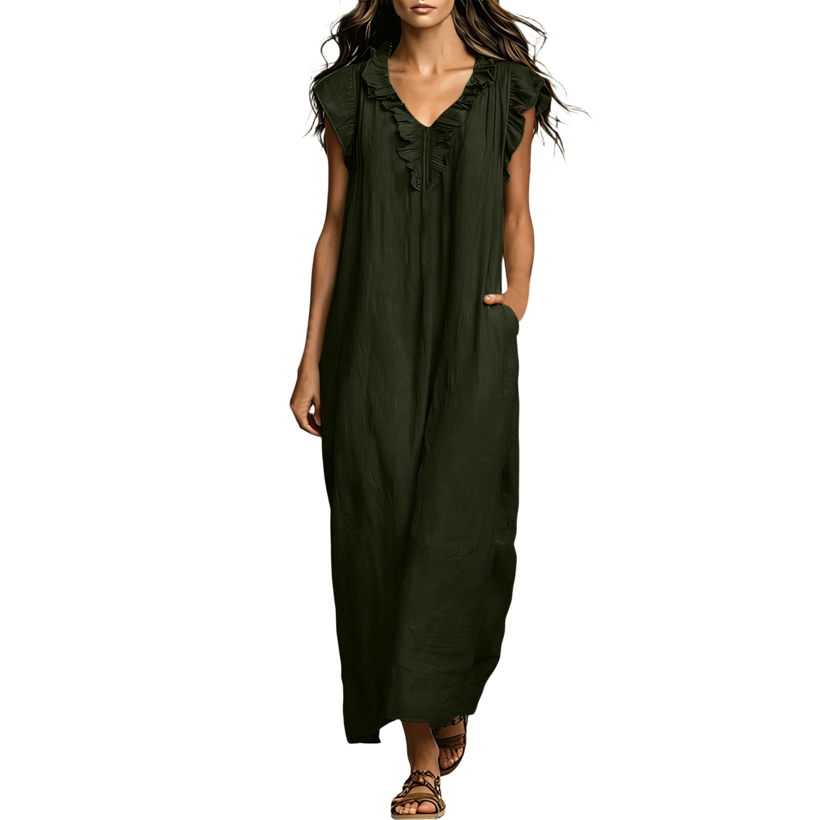 ZToonmas Women's Casual V-Neck Ruffle Trim Flutter Sleeve Maxi Dress ...