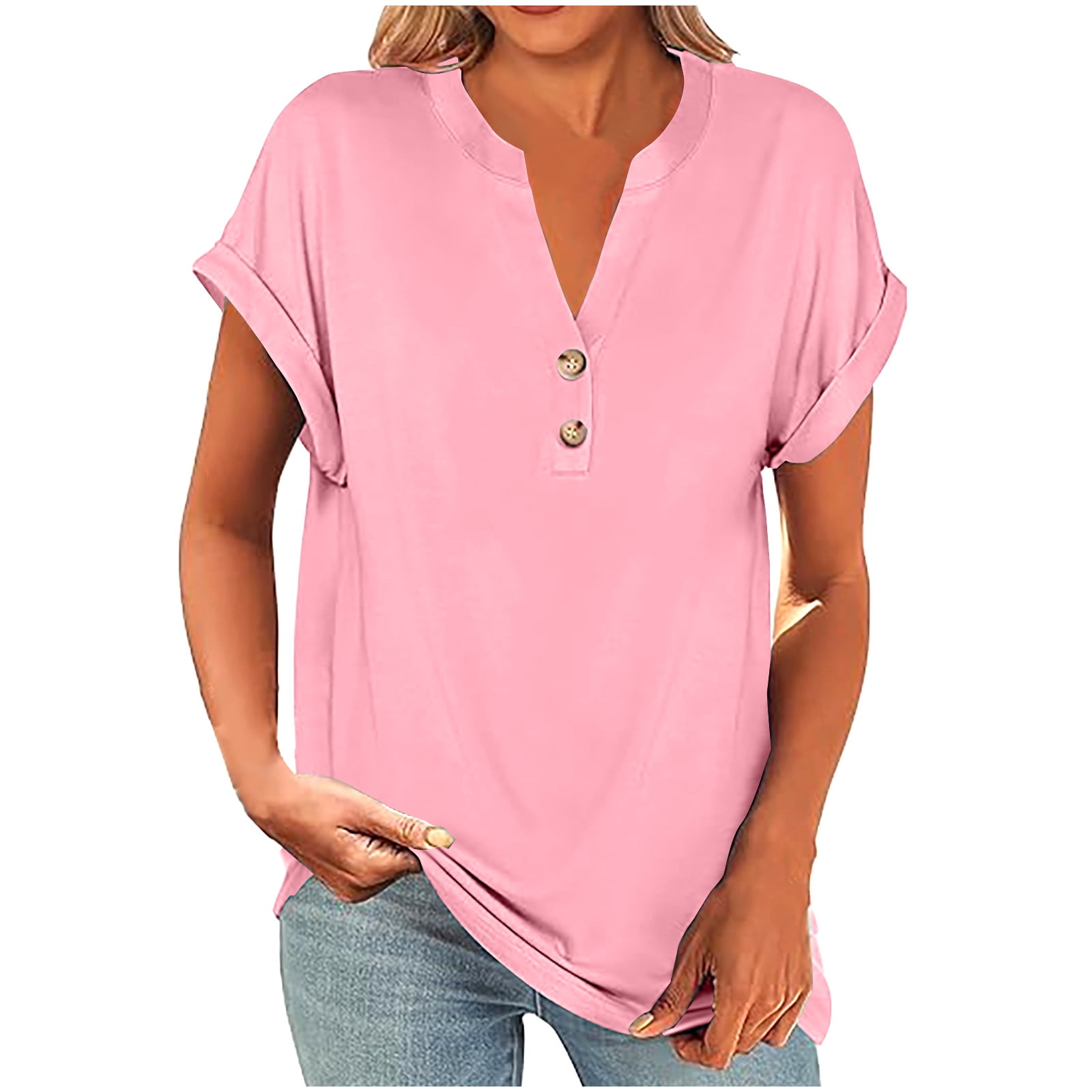 ZToonmas Women's Notch Neck Henley T-Shirt Casual Rolled Short Sleeve ...