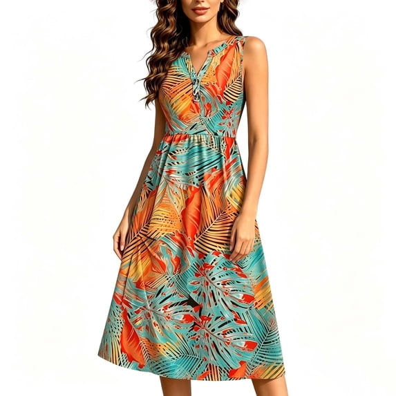 ZToonmas Women's Sleeveless Hawaiian Tropical Print Midi Dress V-Neck A ...
