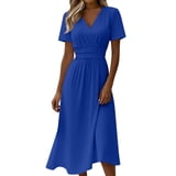 ZToonmas Women's Solid/Print V-Neck Wrap Midi Dress Short Sleeve A-Line ...
