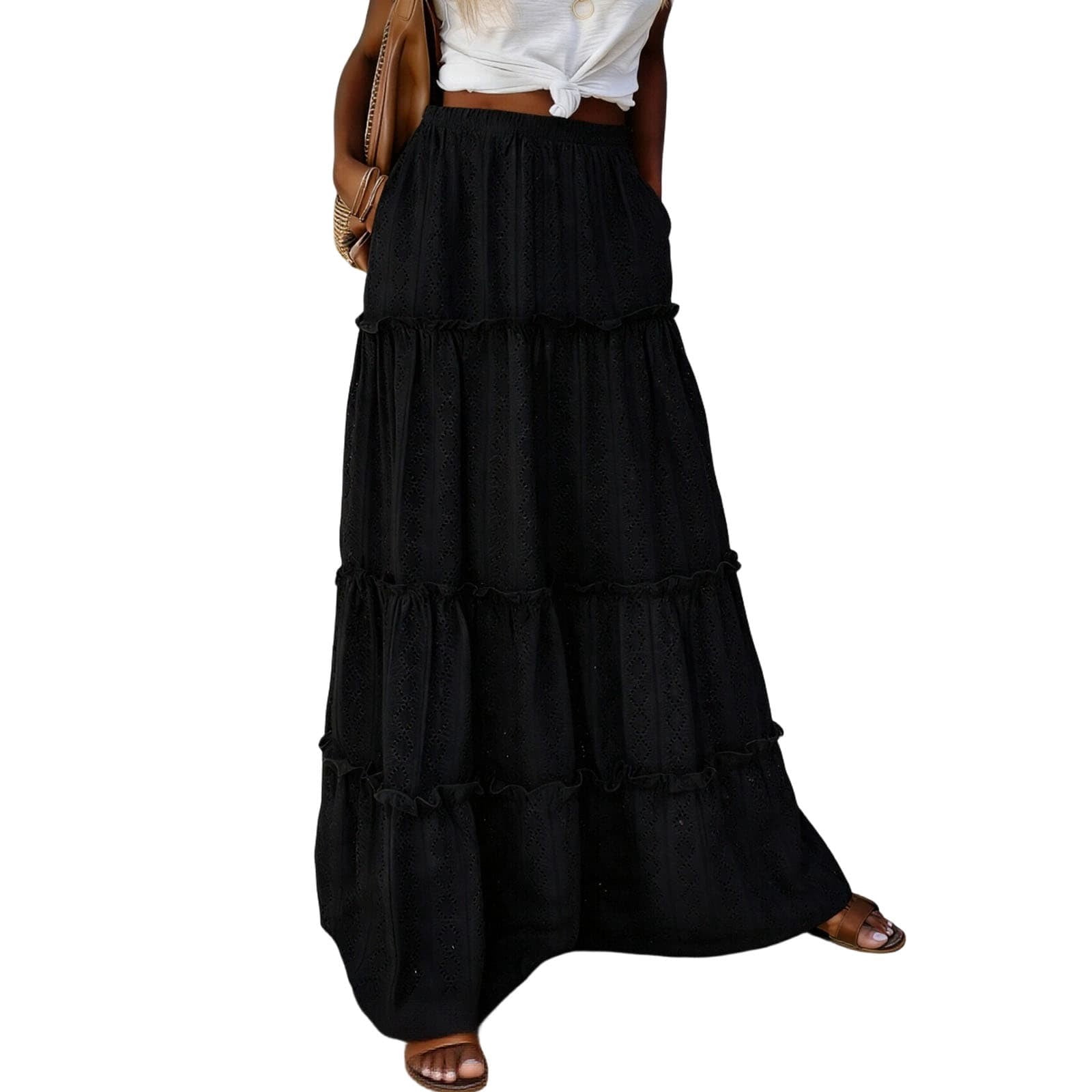 ZToonmas Women's Tiered Ruffle Maxi Skirt Elastic High Waist A-Line ...