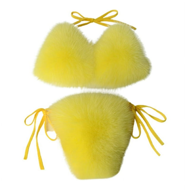 Zuarfy Women Sexy 2 Piece Faux Fur Bikini Set Halter String Triangle