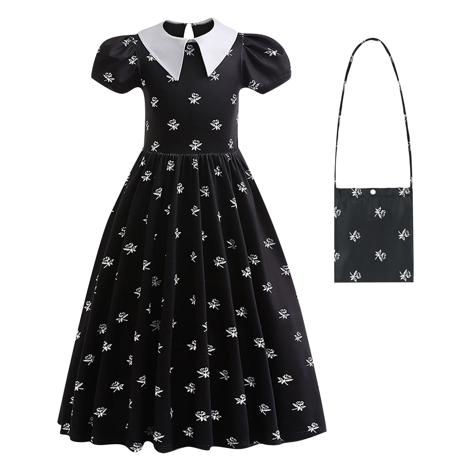 ZUITEH Wednesday Addams Costume Dress with Bag, Girls Addams Floral ...