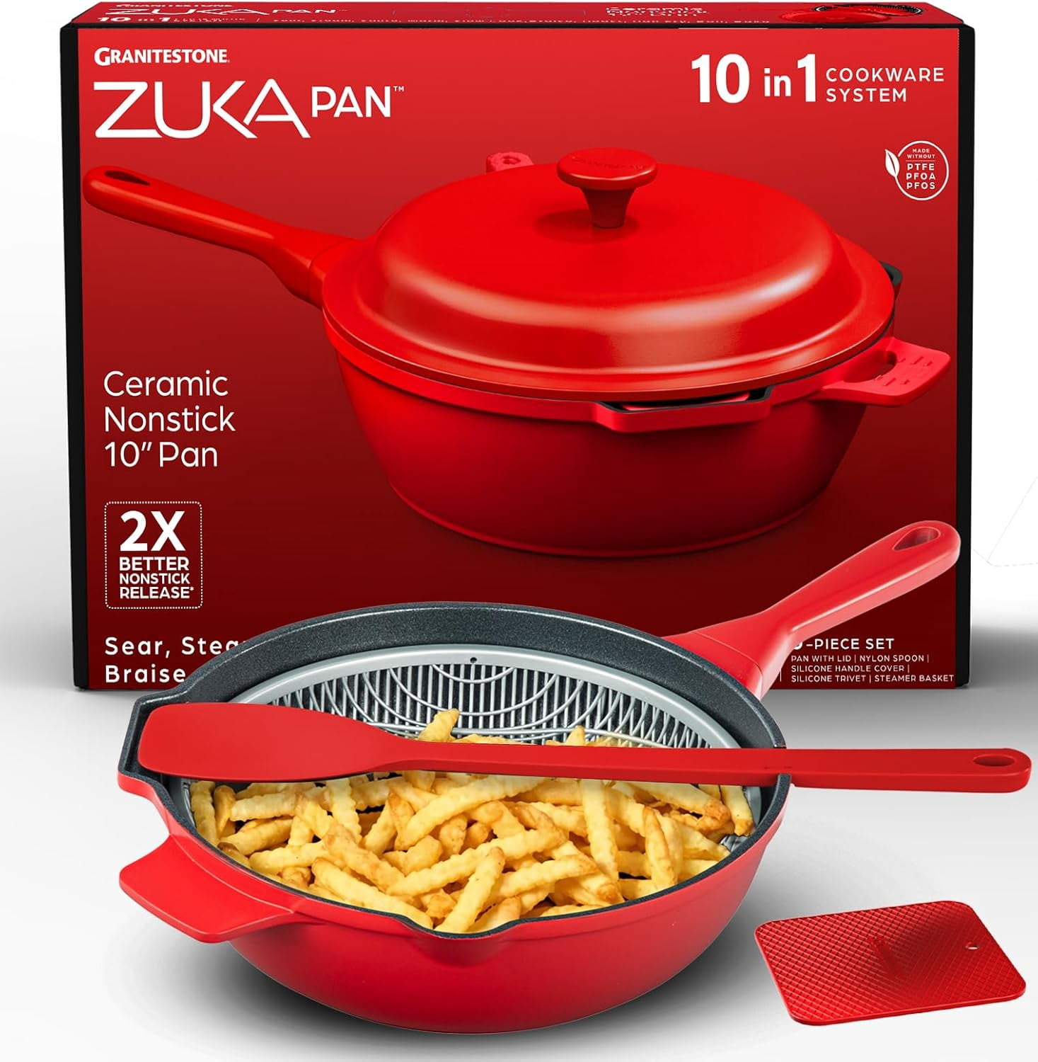 ZUKA Ceramic Pan by Granitestone, 10" Ceramic Deep Frying Pan Set with ...
