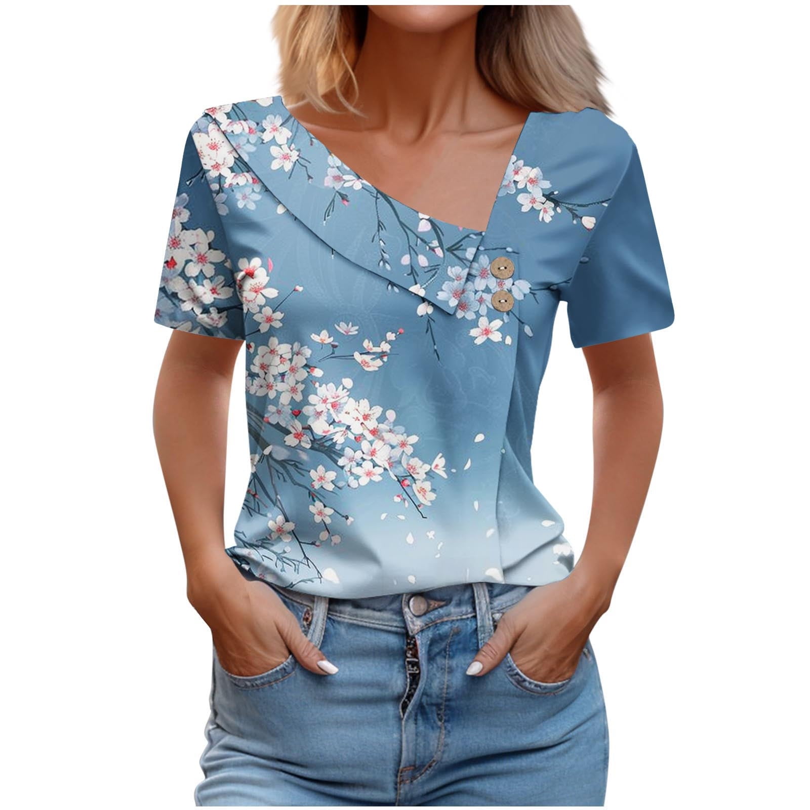 ZUKMRJPC Ladies V Neck Floral Clothes Asymmetrical Vacation Summer ...