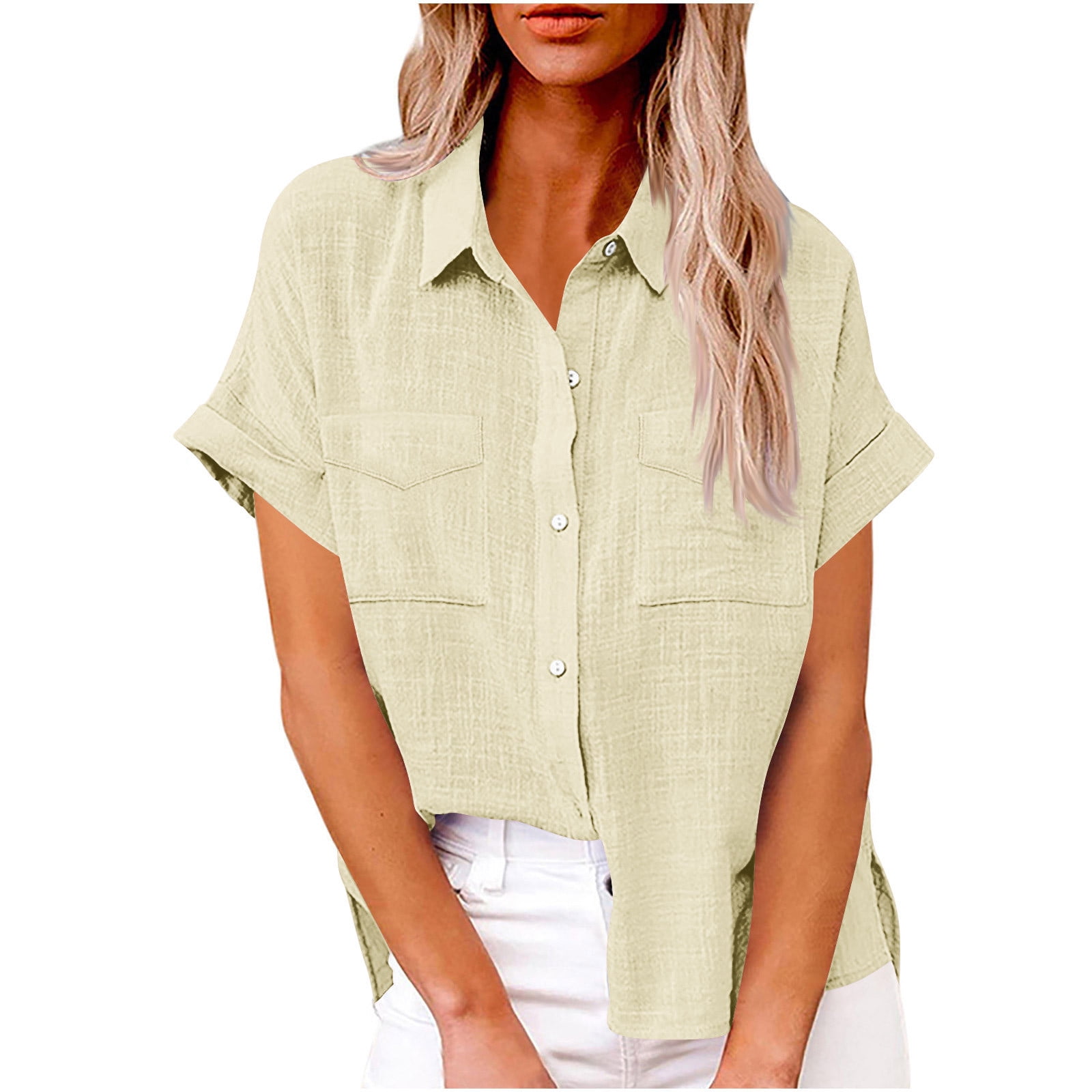 ZUKMRJPC Womens Basic Blouses Button Down Round Neck Loose Fit Workout ...