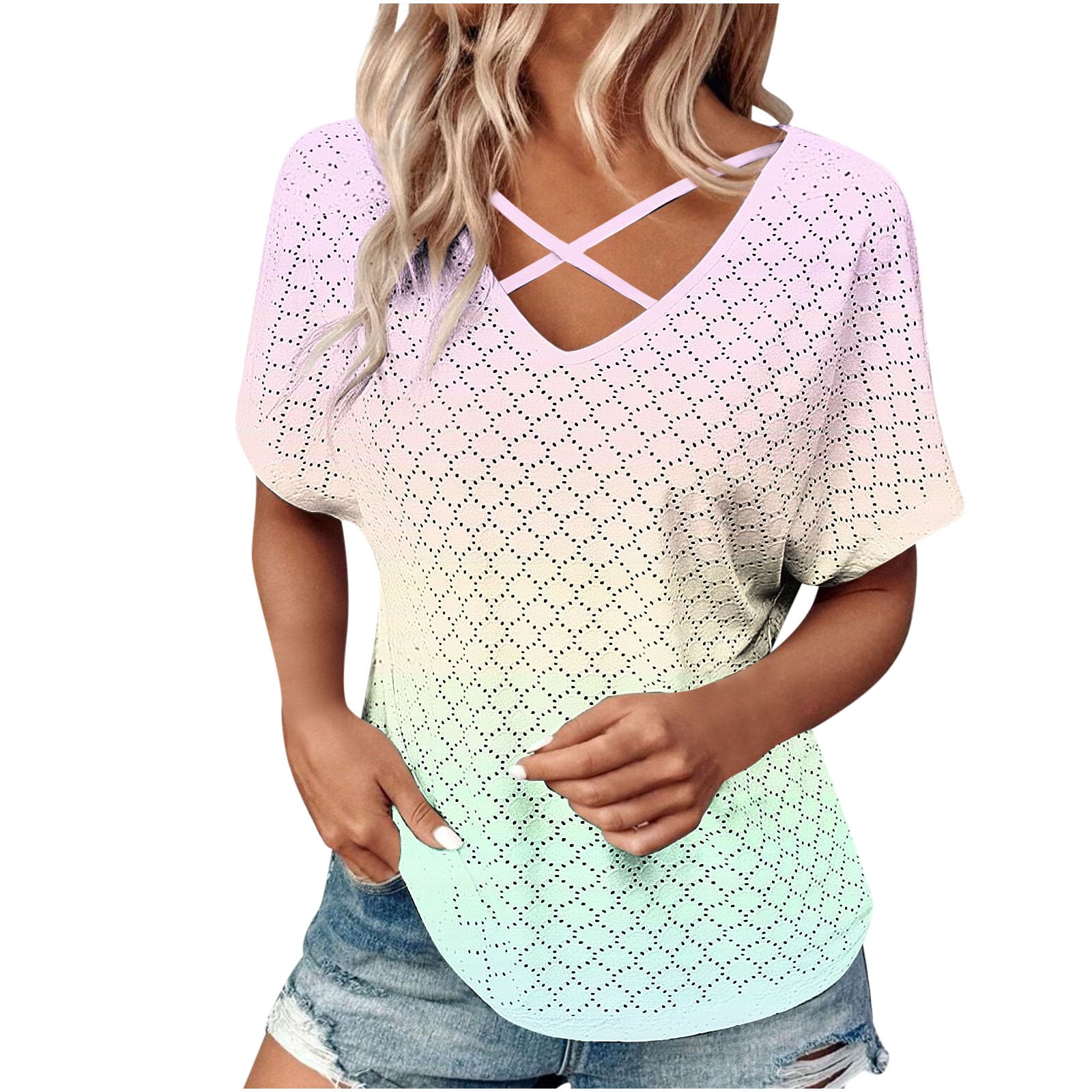 ZUKMRJPC Womens Workout Tee Short Sleeve V Neck Summer Ombre Tunic Tops ...