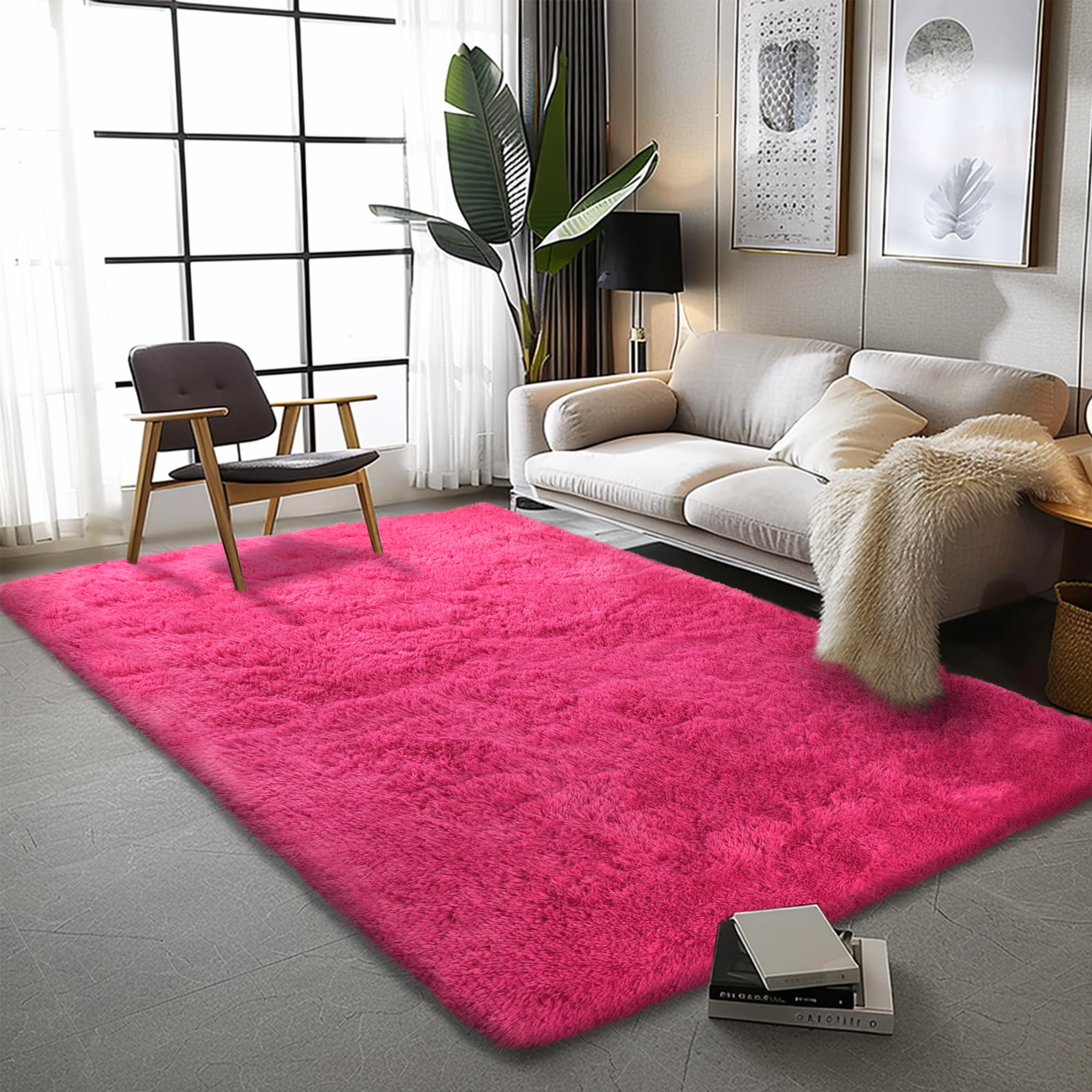 ZUMAS 9×12 Large Hot Pink Rug,Nordic Minimalist Pink Luxe Design Carpet ...