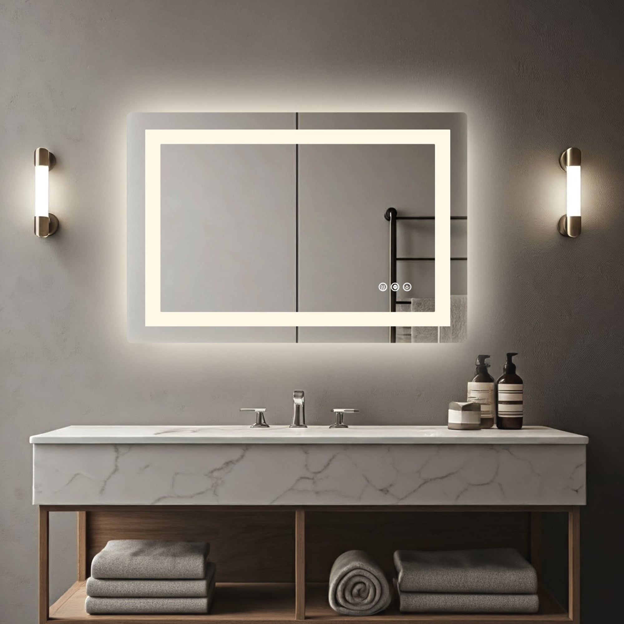 ZUNMOS 24x36 Inch Anti-fog LED Bathroom Mirror, Dual Light Source, Three Lighting Modes, White ...