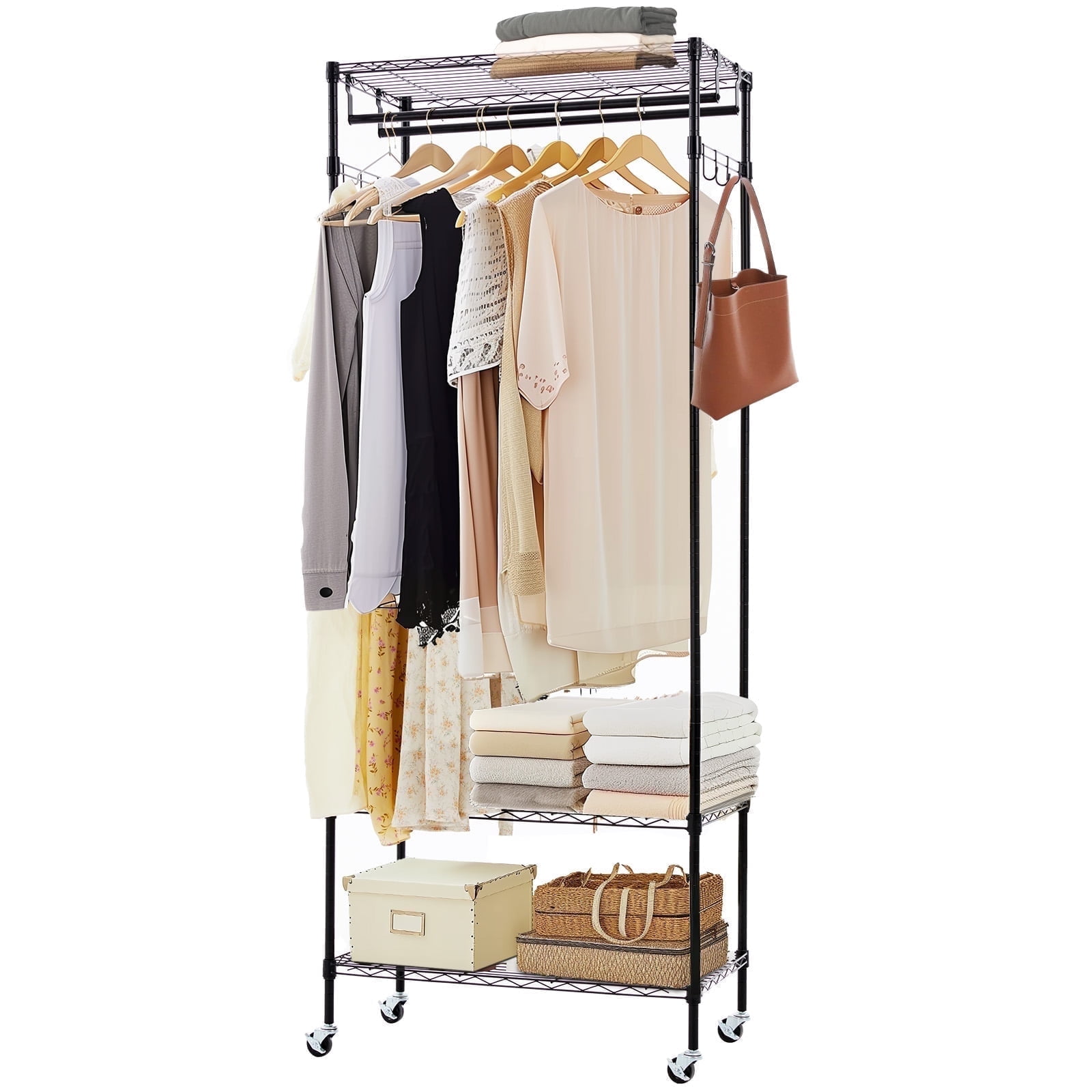 JOINSUN Adjustable Clothes Rack, Double Hanging Rod Garment Rolling ...