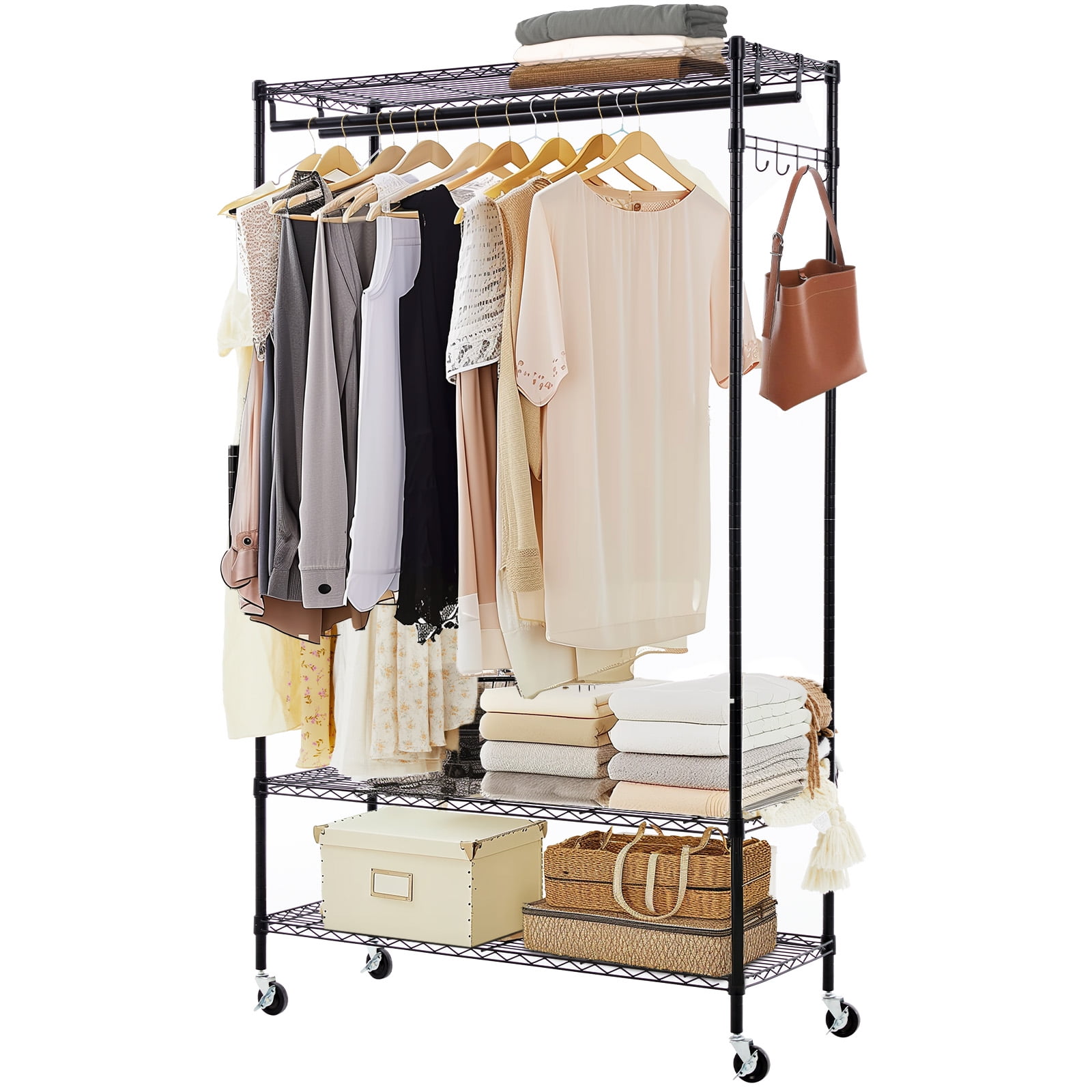 ZUNMOS Adjustable Clothes Rack, Double Hanging Rod Garment Rolling ...