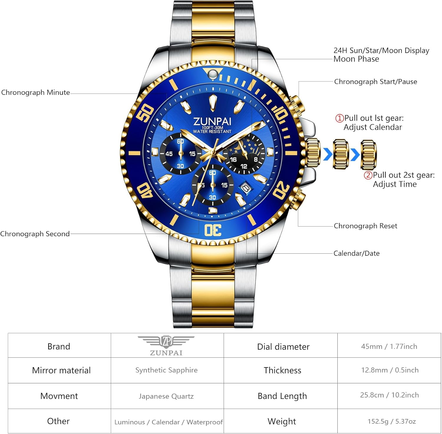 ZUNPAI Moon Phase Watch for Men Multifunction Chronograph, 45mm Large ...