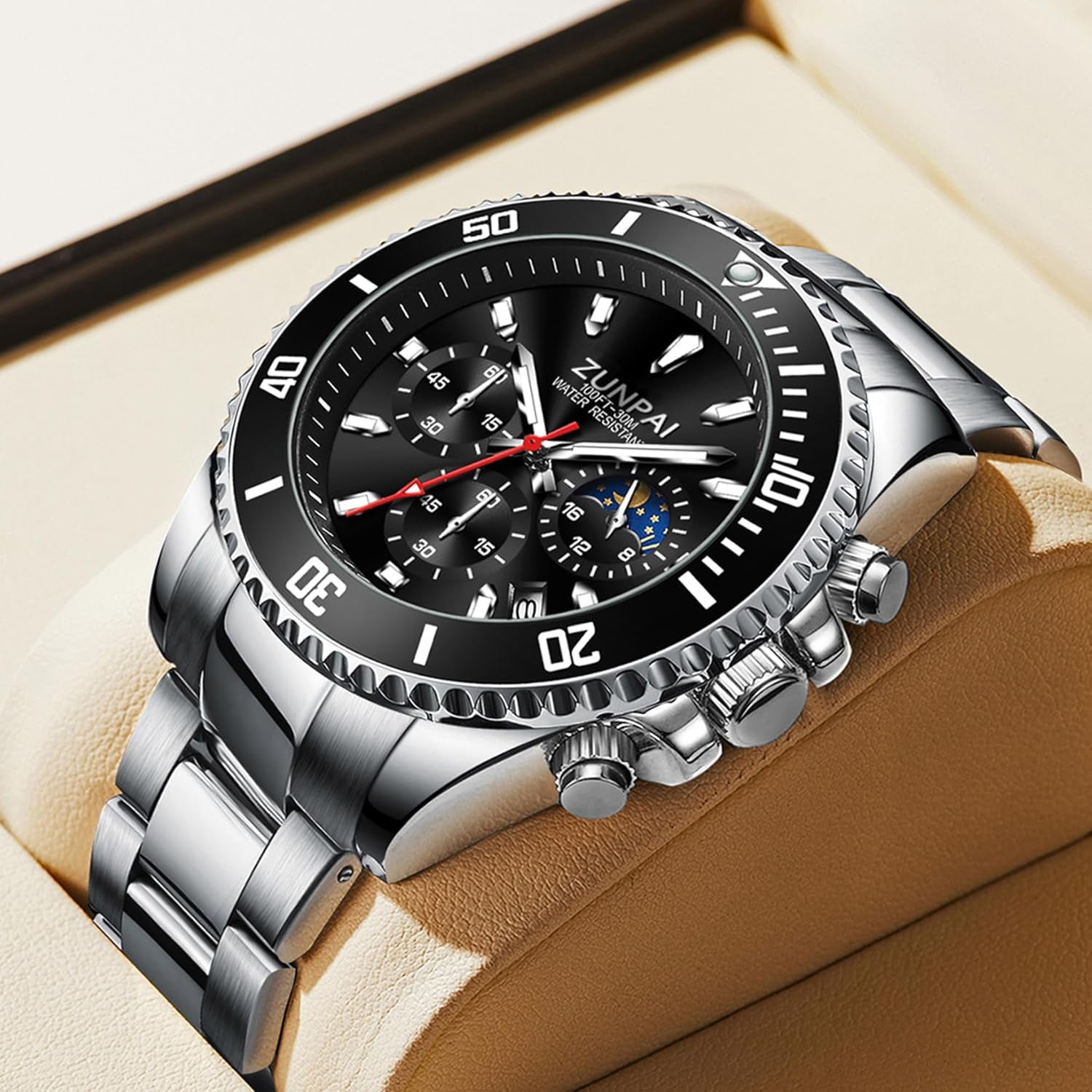 ZUNPAI Moon Phase Watch for Men Multifunction Chronograph, 45mm Large ...