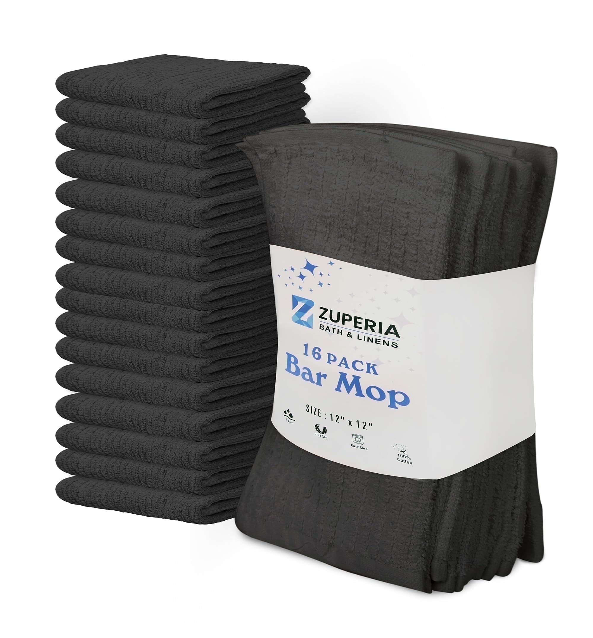 ZUPERIA Bar Mop 16 Pack (12 x 12) - Cotton Cleaning Towels Made with ...