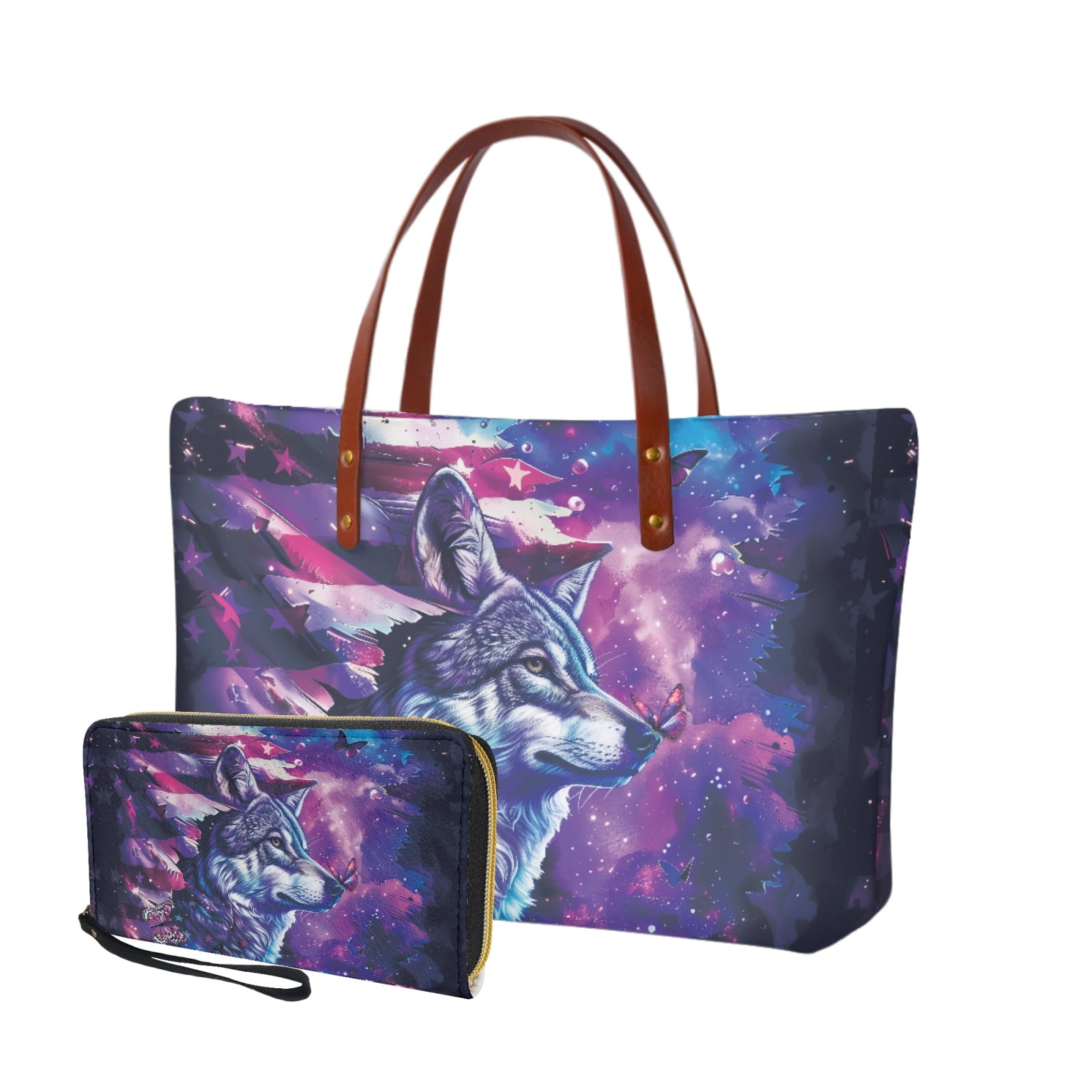 ZUXONGSY American Flag Galaxy Wolf Print 2 Pack Handbags and Purses Set ...