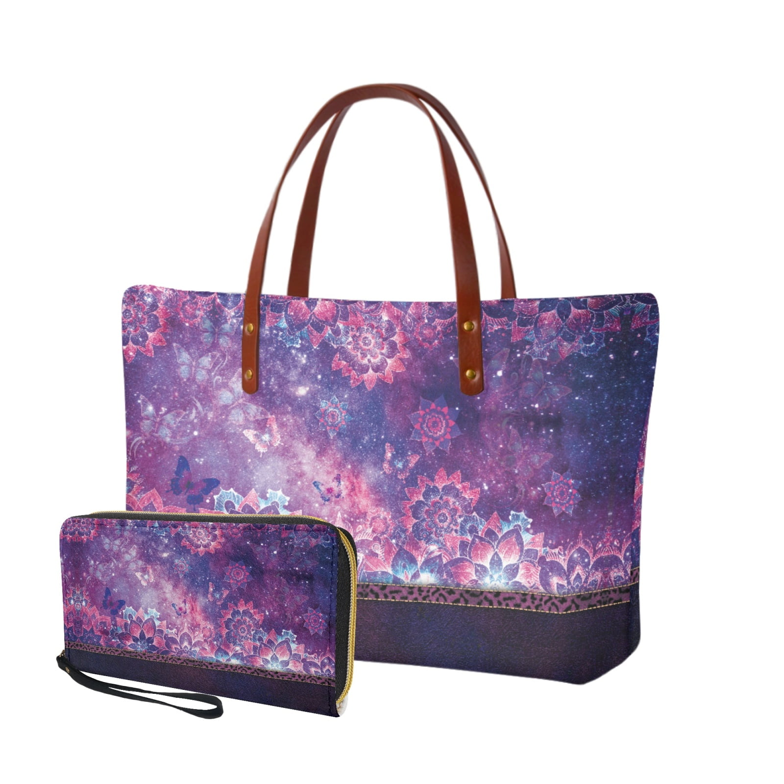 ZUXONGSY Boho Galaxy Mandala Butterfly Print 2 PCS Top Handle Bag and ...
