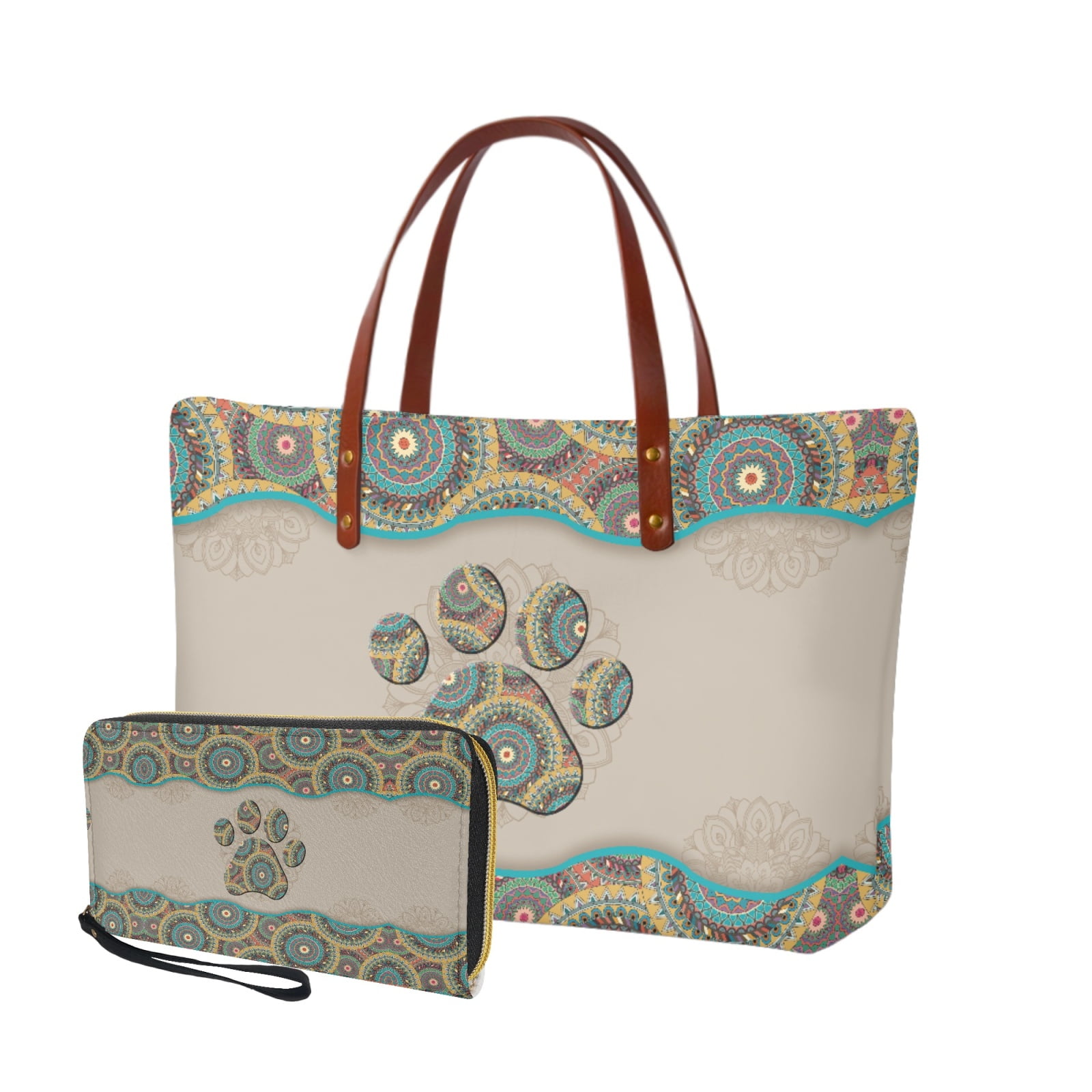 ZUXONGSY Boho Mandala Paw Prints 2 PCS Wallet Tote Bag for Women ...