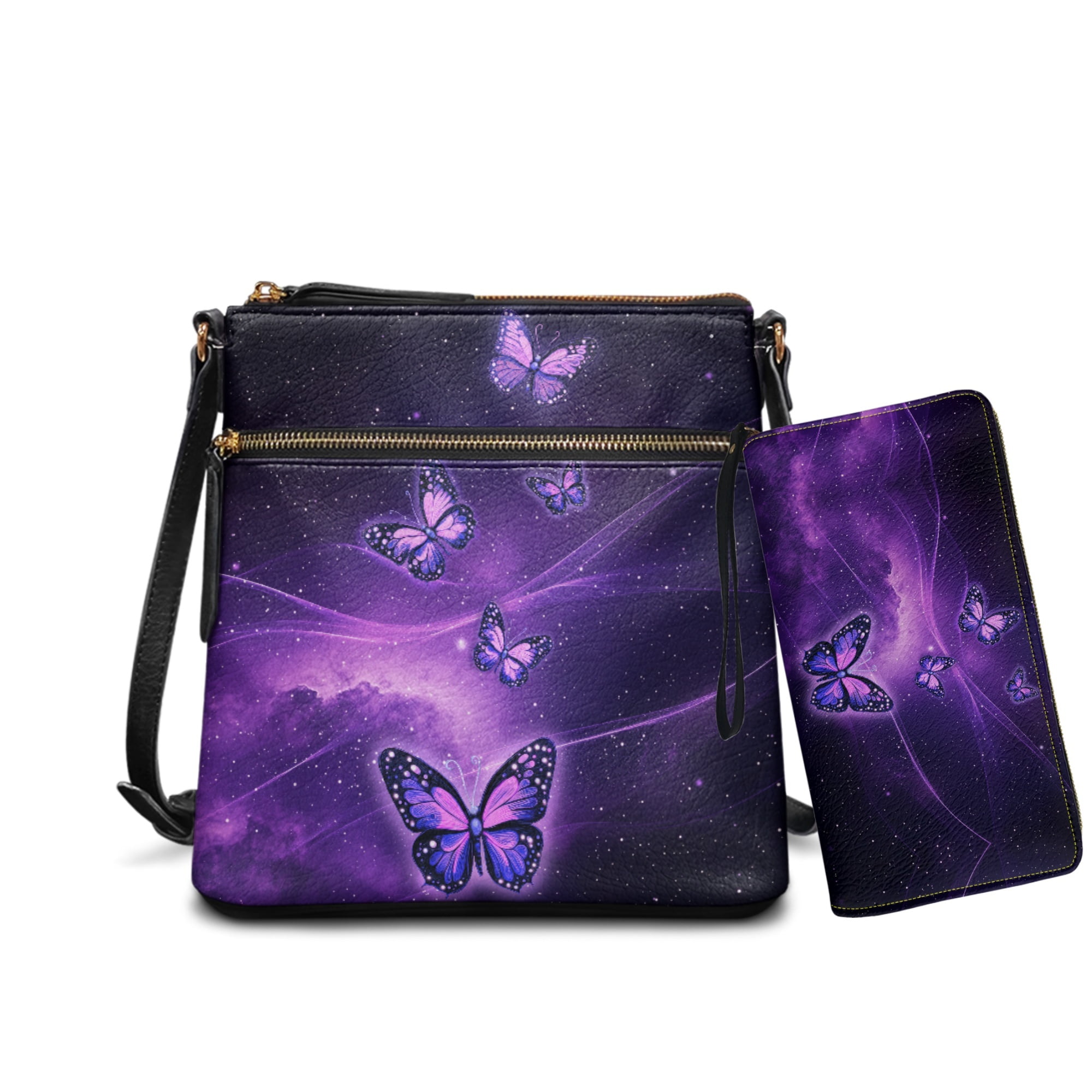 ZUXONGSY Butterfly Galaxy Print Leather Crossbody Handbag & Wallet Set ...