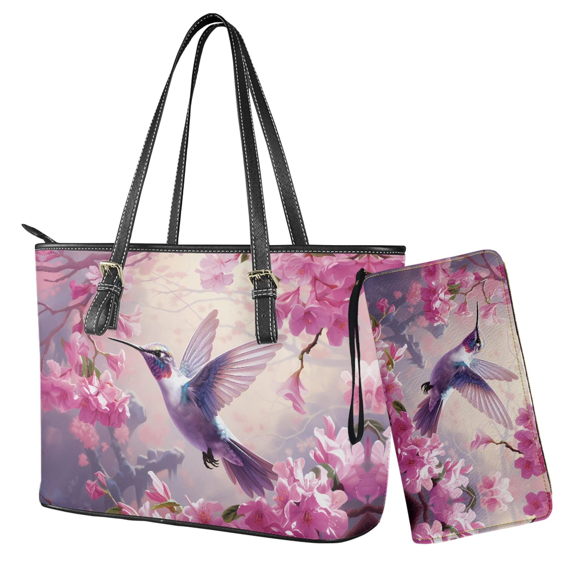 ZUXONGSY Hummingbird Cherry Blossom Print Handbag and Wallet Set 2 Pcs ...