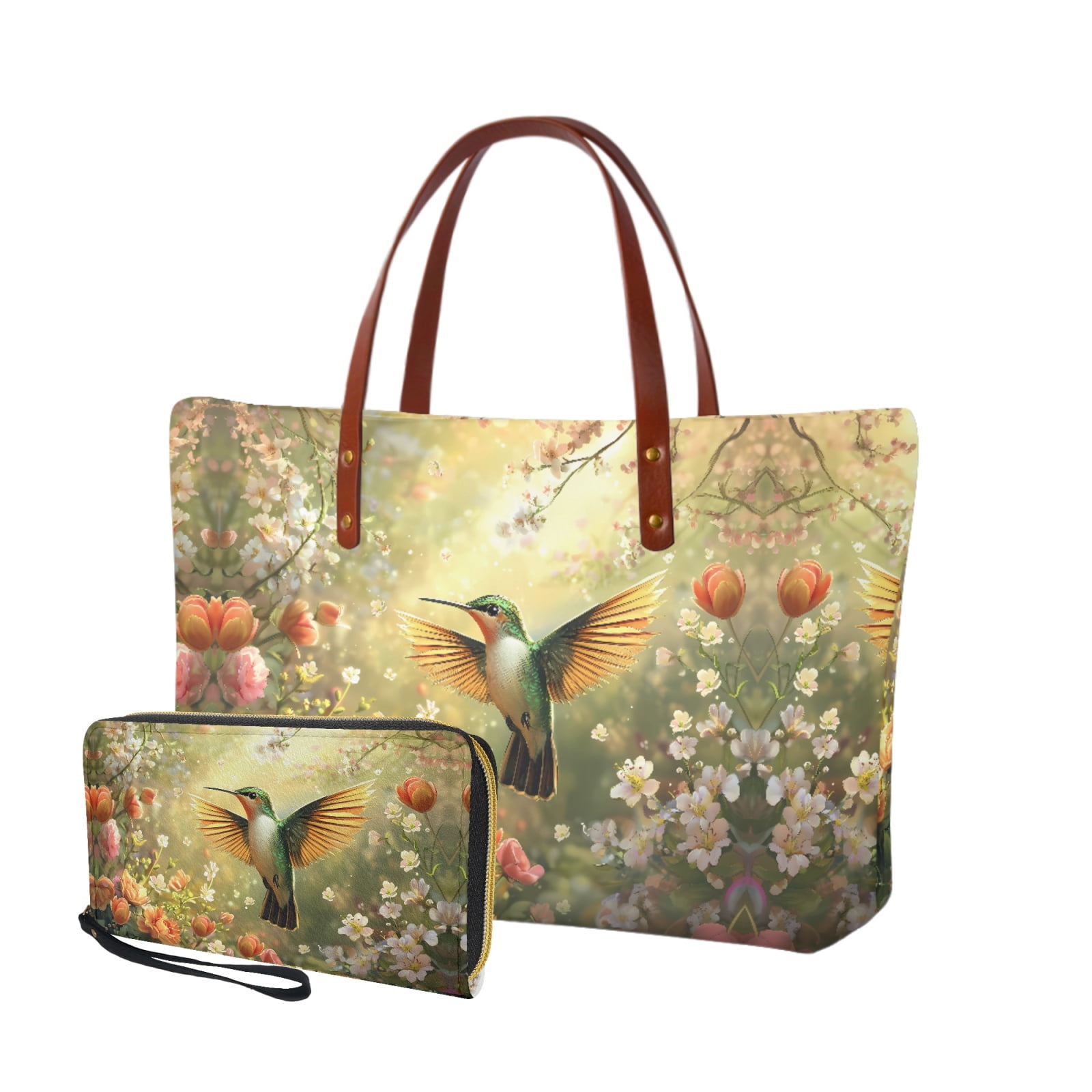 ZUXONGSY Hummingbird Peach Blossom Print Handbag with Matching Wallet ...