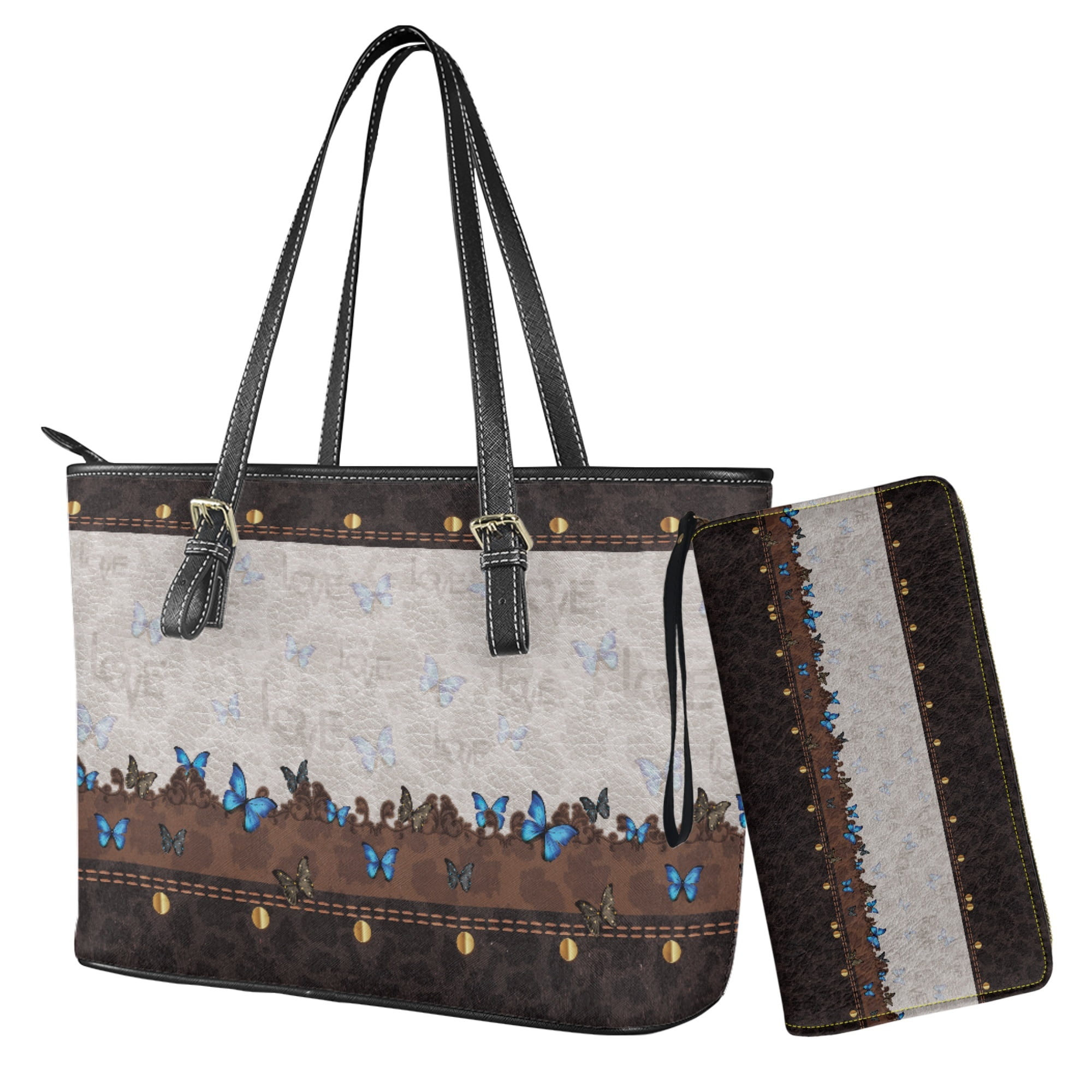ZUXONGSY Leather Butterfly Print Handbag and Wallet Set Women Tote Bag ...