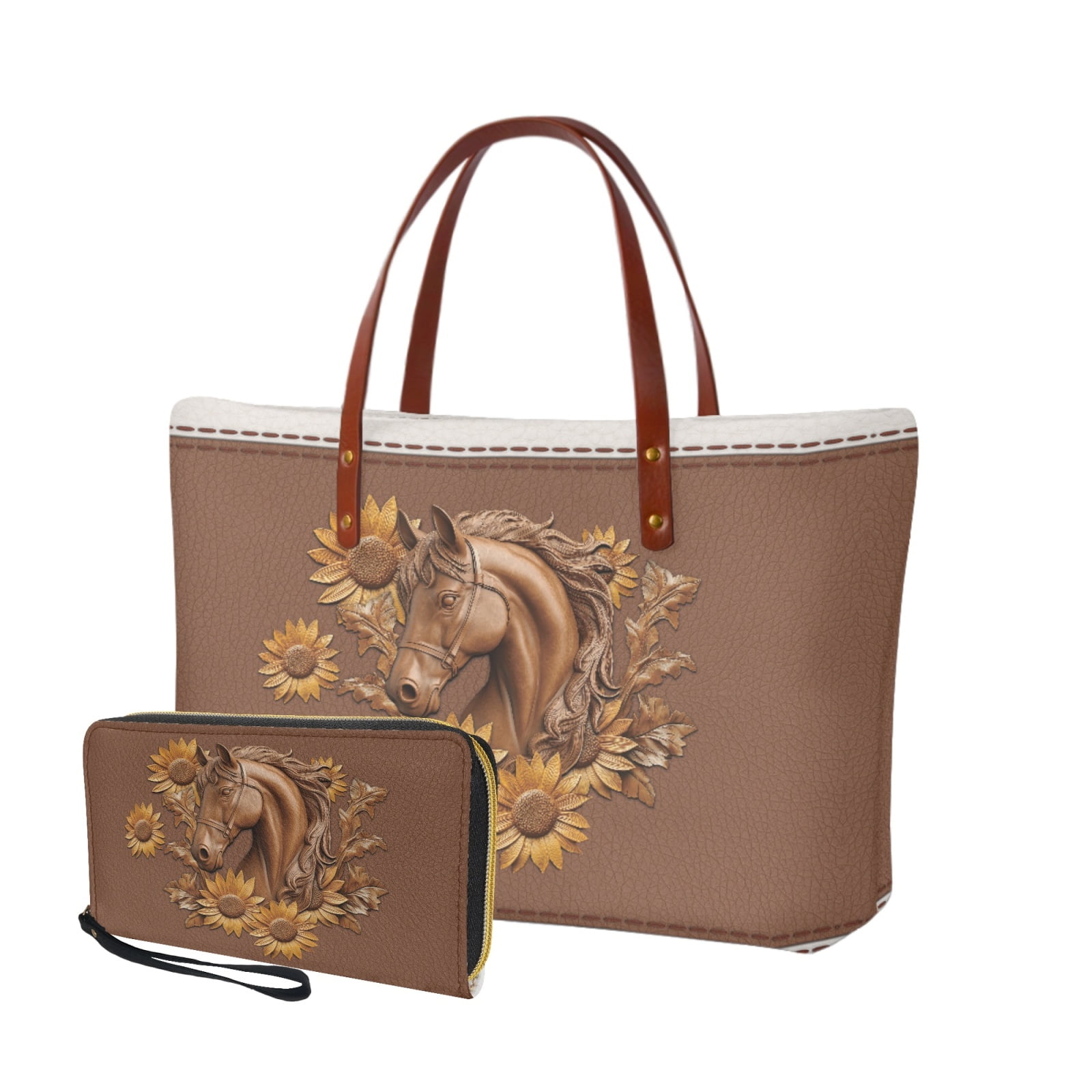 ZUXONGSY Leather Horse Sunflower Prints Handbag with Matching Wallet ...