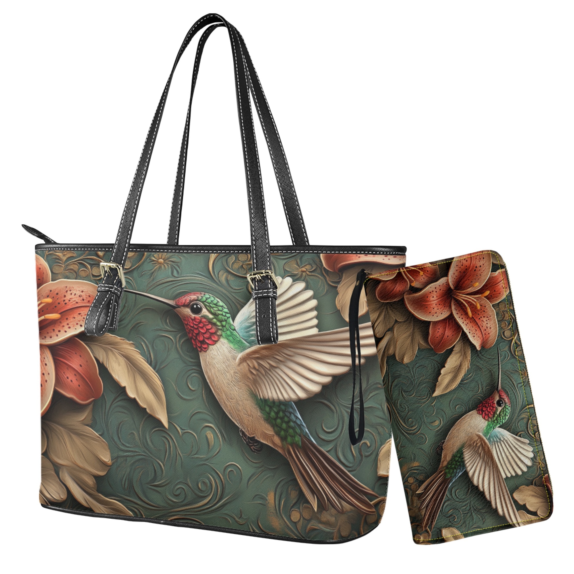 ZUXONGSY Lily Hummingbird Print Women's Leather Tote Bag and Wallet Set ...