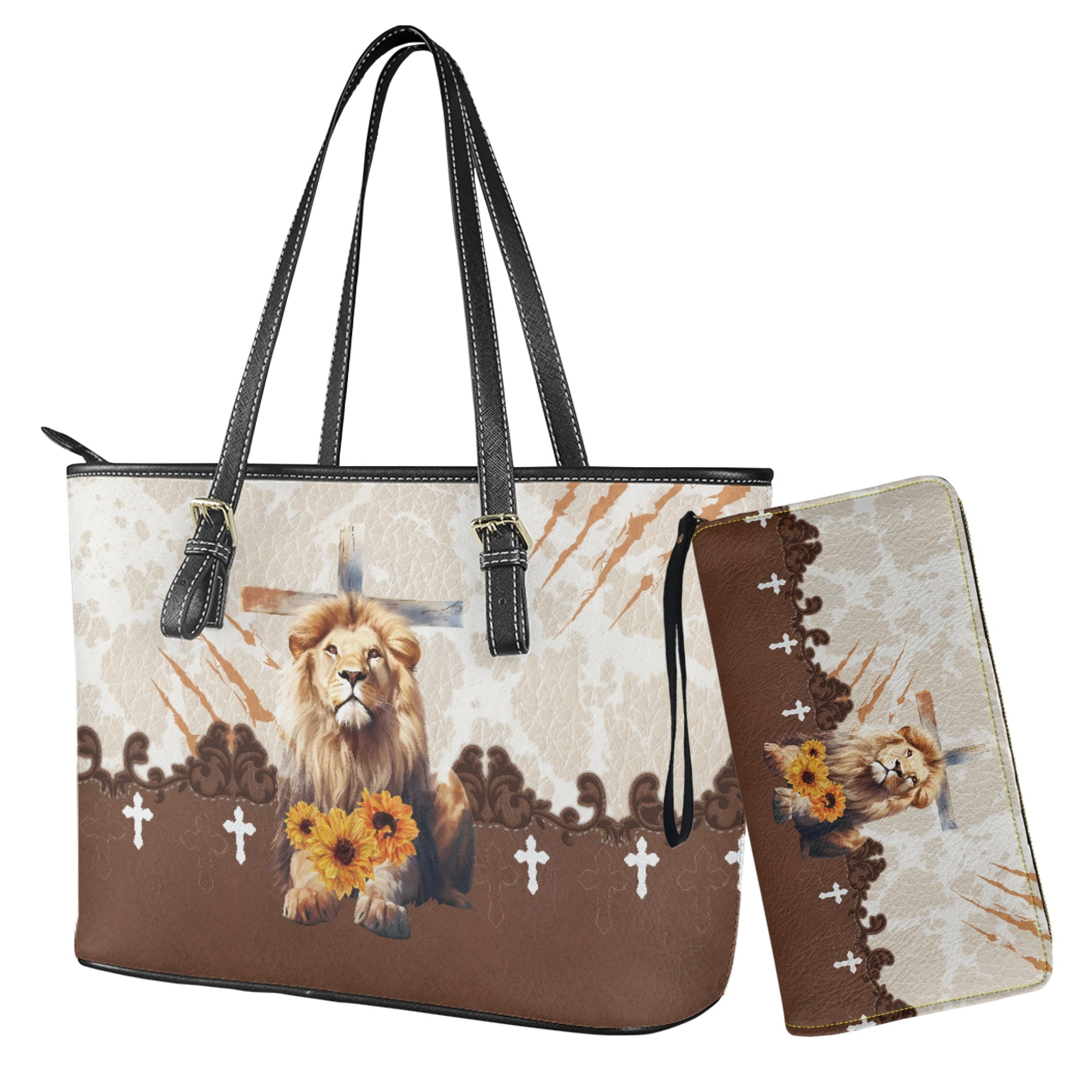 ZUXONGSY Lion Cross Sunflower Print Womens Wallet and Purse Set Tote ...