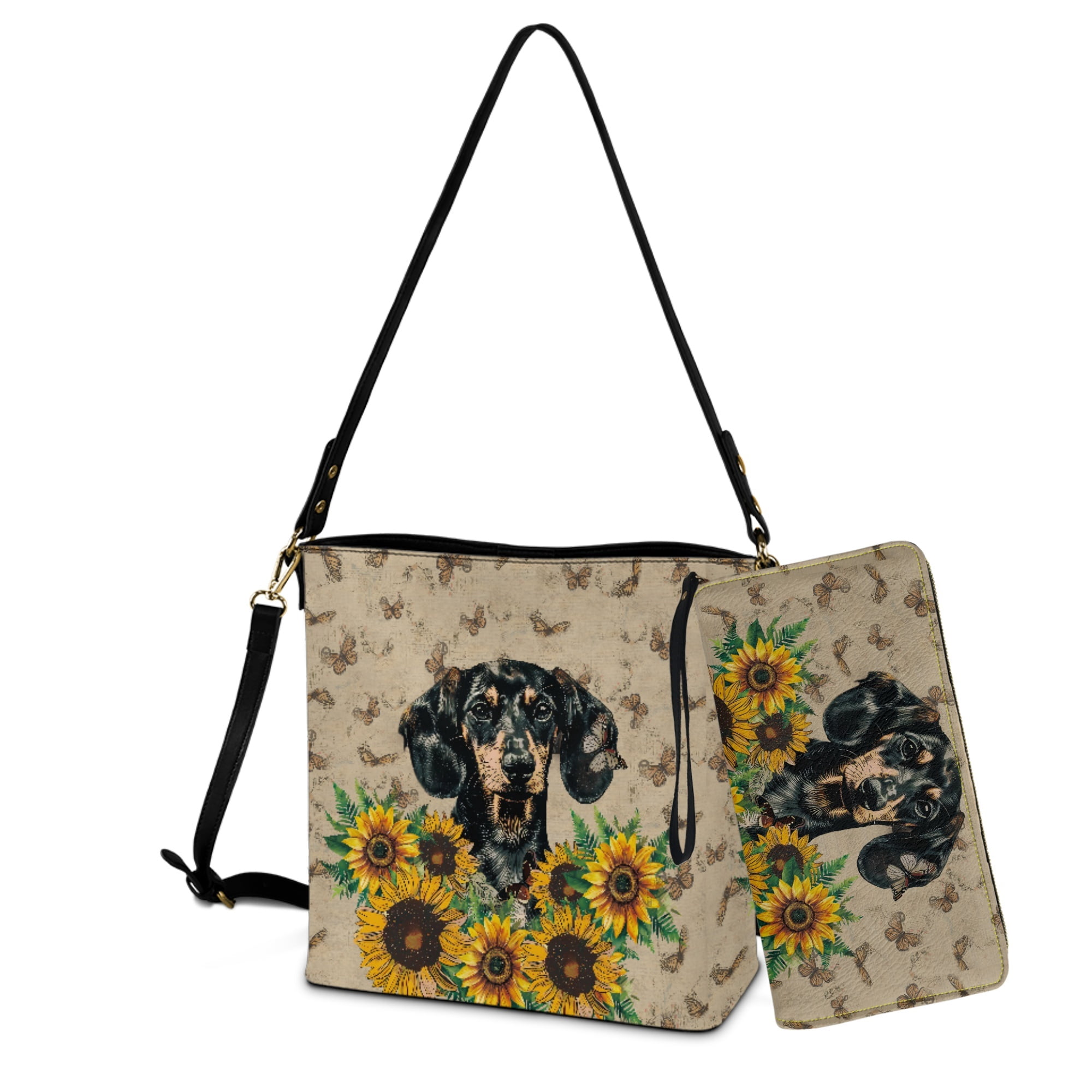 ZUXONGSY Retro Dachshund Sunflower Butterfly Print Leather Crossbody ...