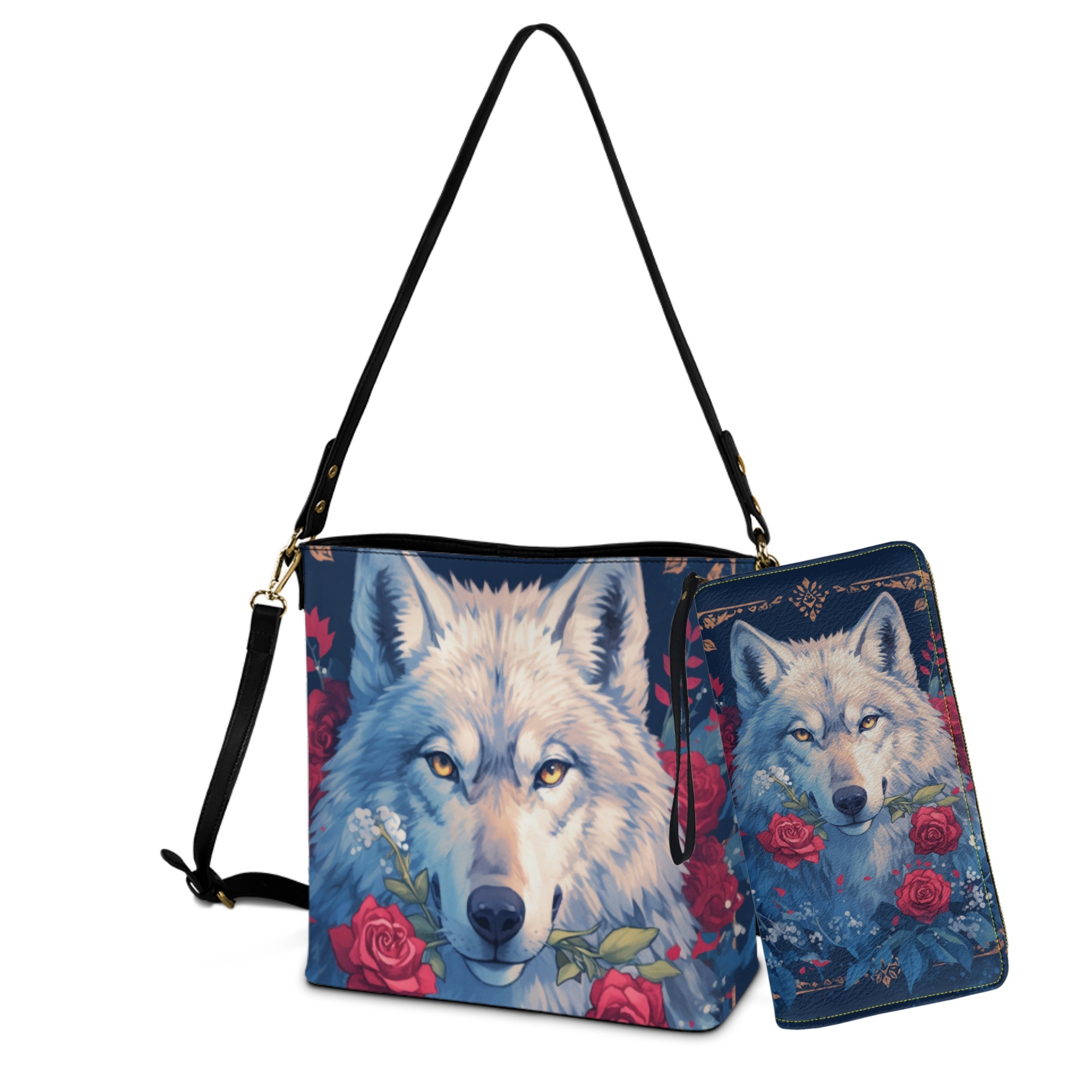 ZUXONGSY Rose Wolf Print Bucket Bag Tote Purse Set for Women Fashion ...