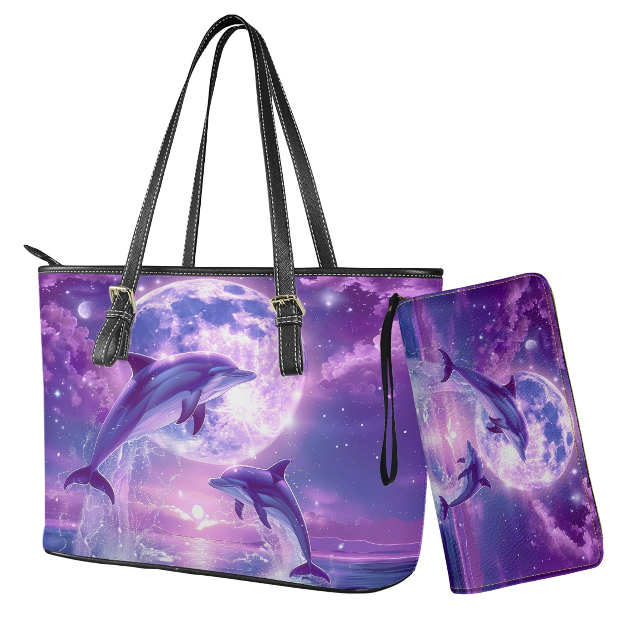 ZUXONGSY Sea Dolphin Moon Print Wallet and Purse Set Top Handle Handbag ...