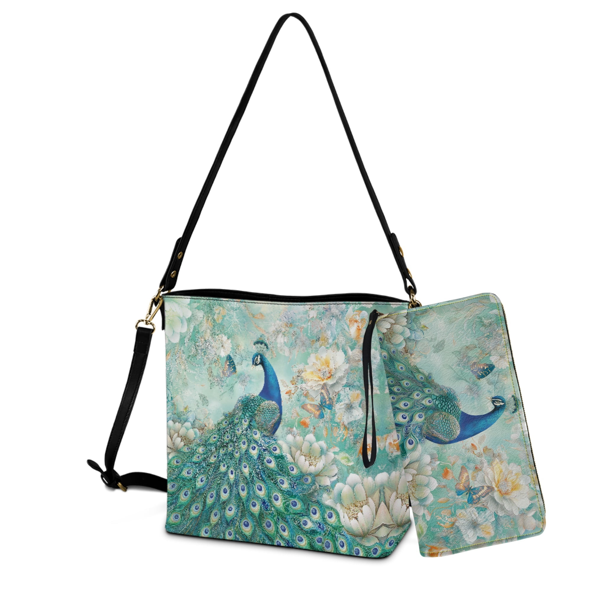 ZUXONGSY Vintage Peacock Lotus Print Large Leather Crossbody Handbag ...