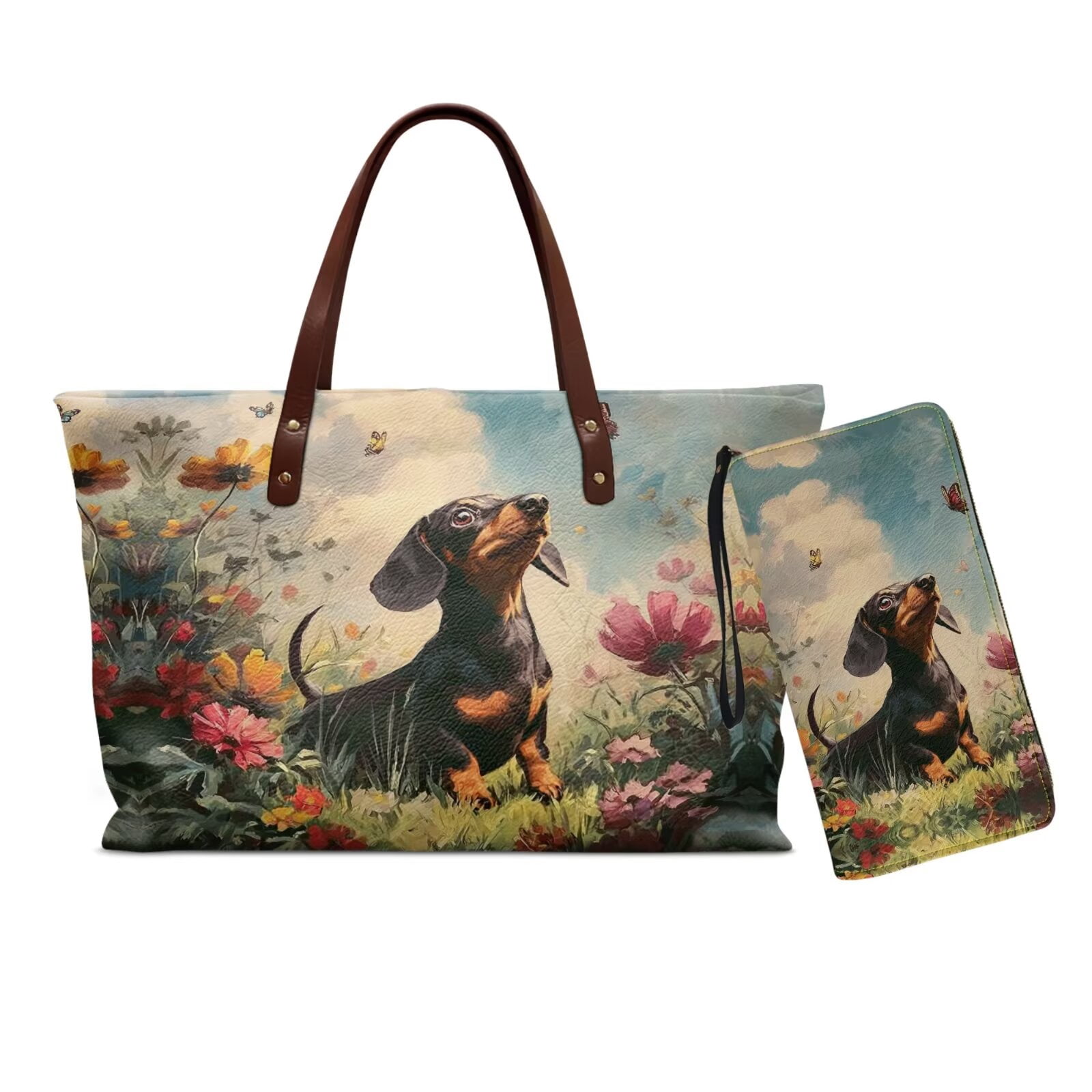 ZUXONGSYDachshund Daisy Flower Print Top Handle Bag with Purse Set for ...