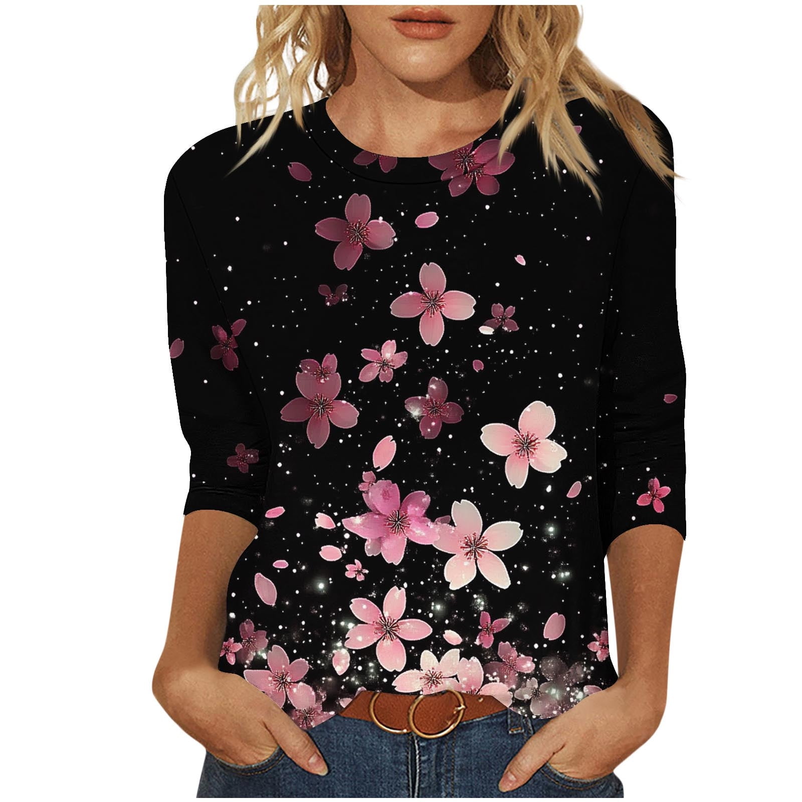 ZVAVZ 3/4 Length Sleeve Womens Tops 2025 Vintage Print Round neck Summer Shirts Loose Fit Three ...