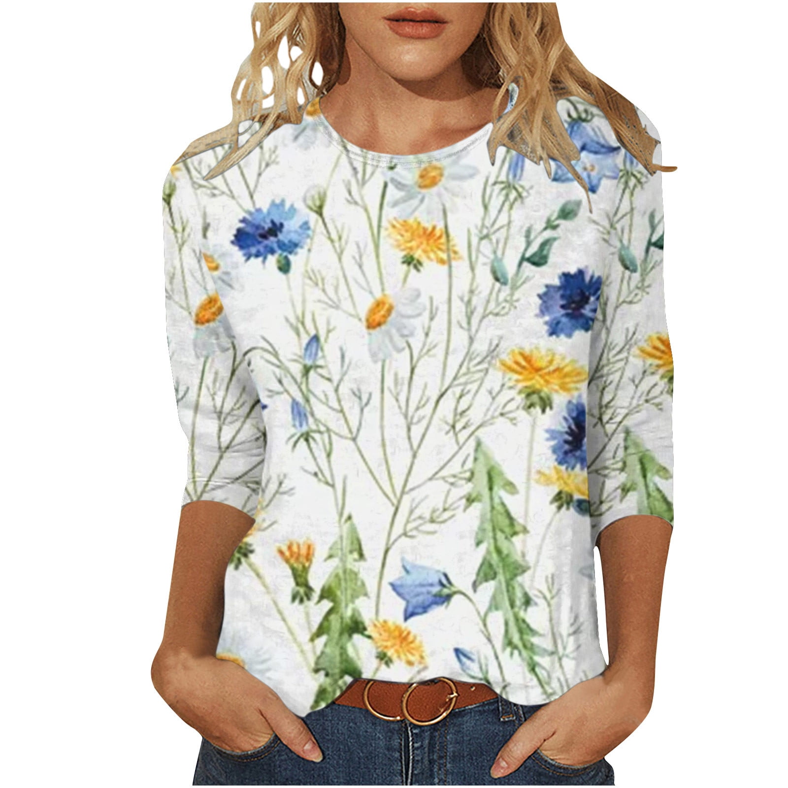 ZVAVZ 3/4 Sleeve T Shirts for Women Trndy Flower Print Blouses Summer Loose Pullover Casual ...