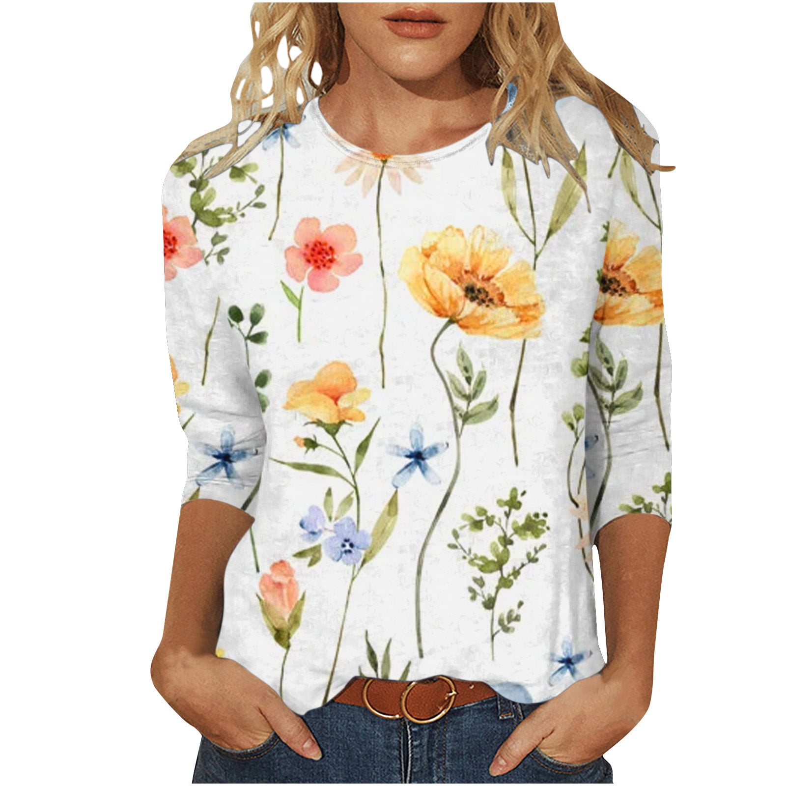 ZVAVZ Floral Print Shirts for Women Summer Casual Tops Loose Fit 3/4 ...
