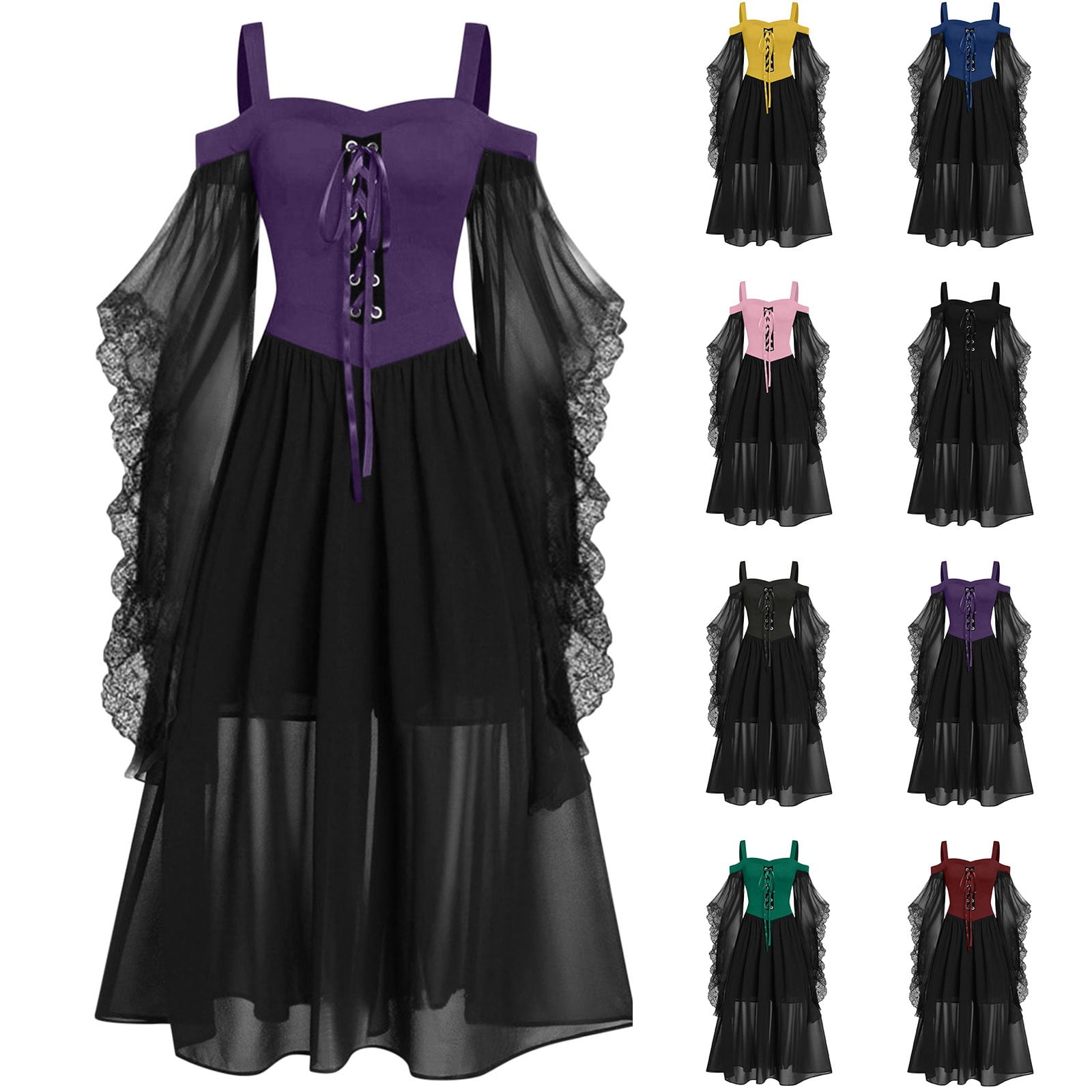 ZVAVZ Gothic Witch Dress for Women Cold Shoulder Lace Patchwork ...