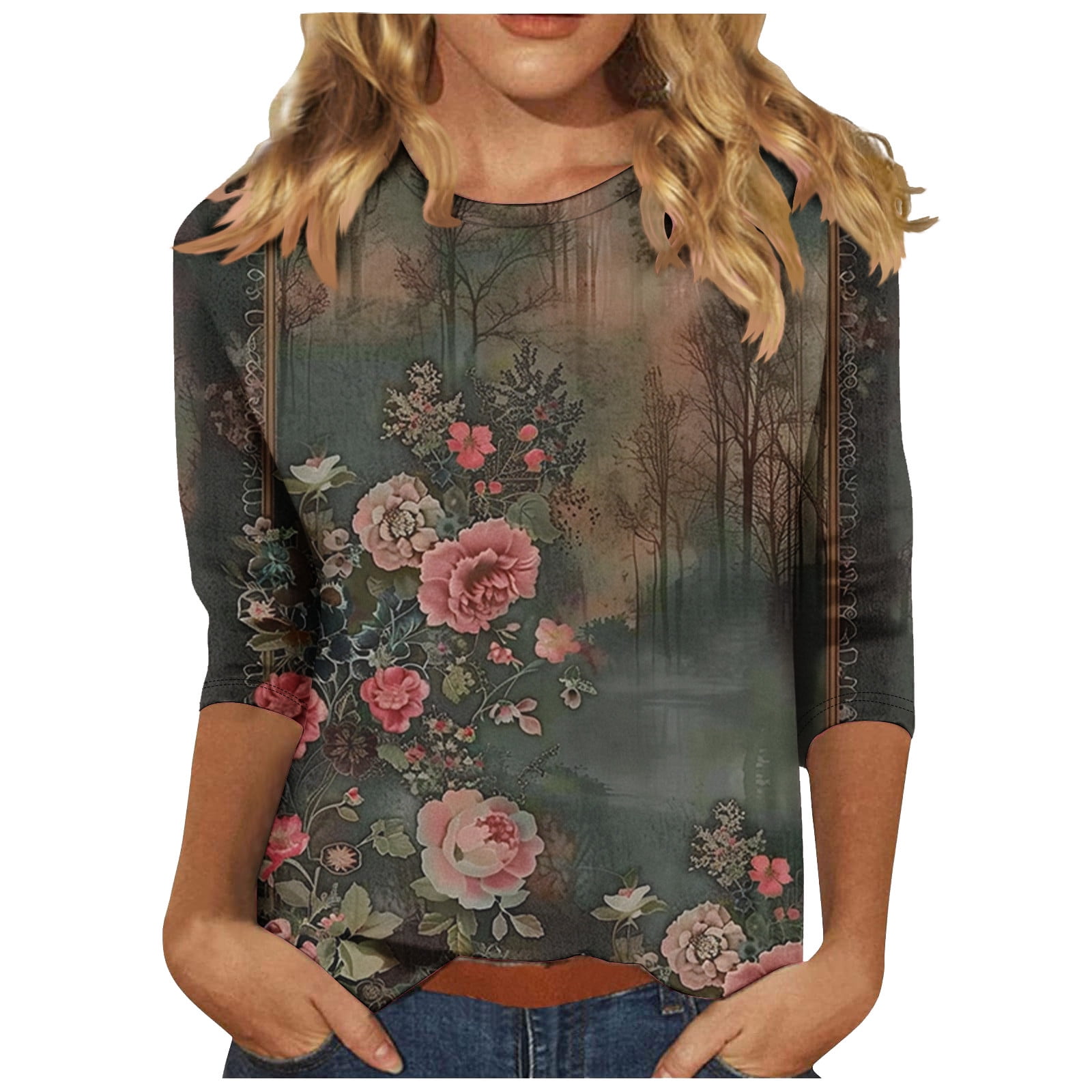 ZVAVZ Petite Tops for Women, Women 3/4 Sleeve Tops Casual Marble Print Round Neck Shirts Spring ...