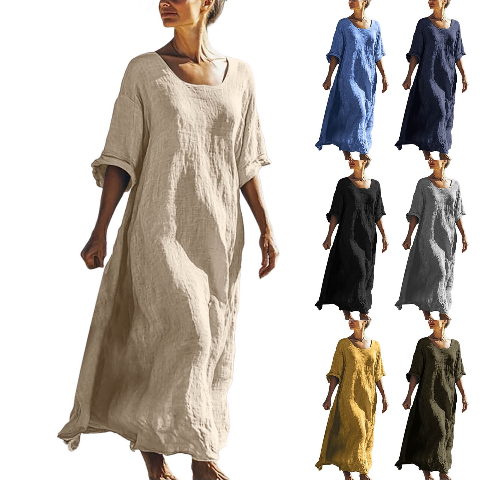 ZVAVZ Sun Dresses for Women 2034,Women Summer Solid Linen Short Sleeve ...