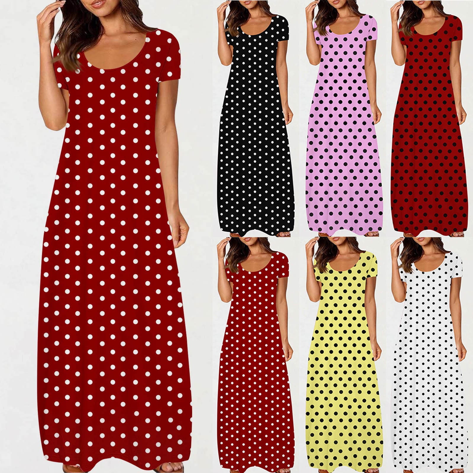 ZVAVZ Sundresses for Women Plus Size Short Sleeve Polka Dots Maxi Sun ...