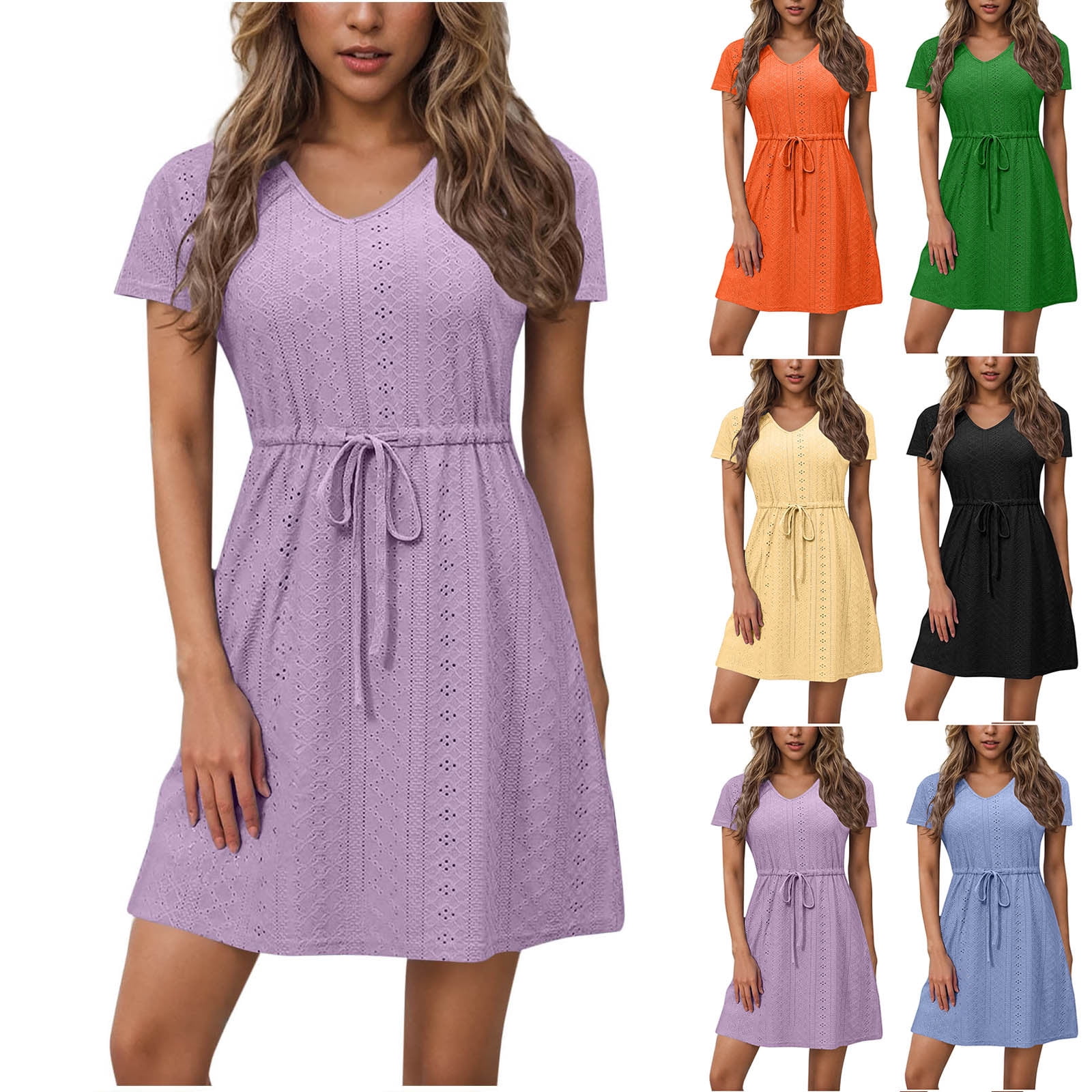 ZVAVZ Sundresses for Women 2025,Women's Solid Color Eyelet Tie Waist ...